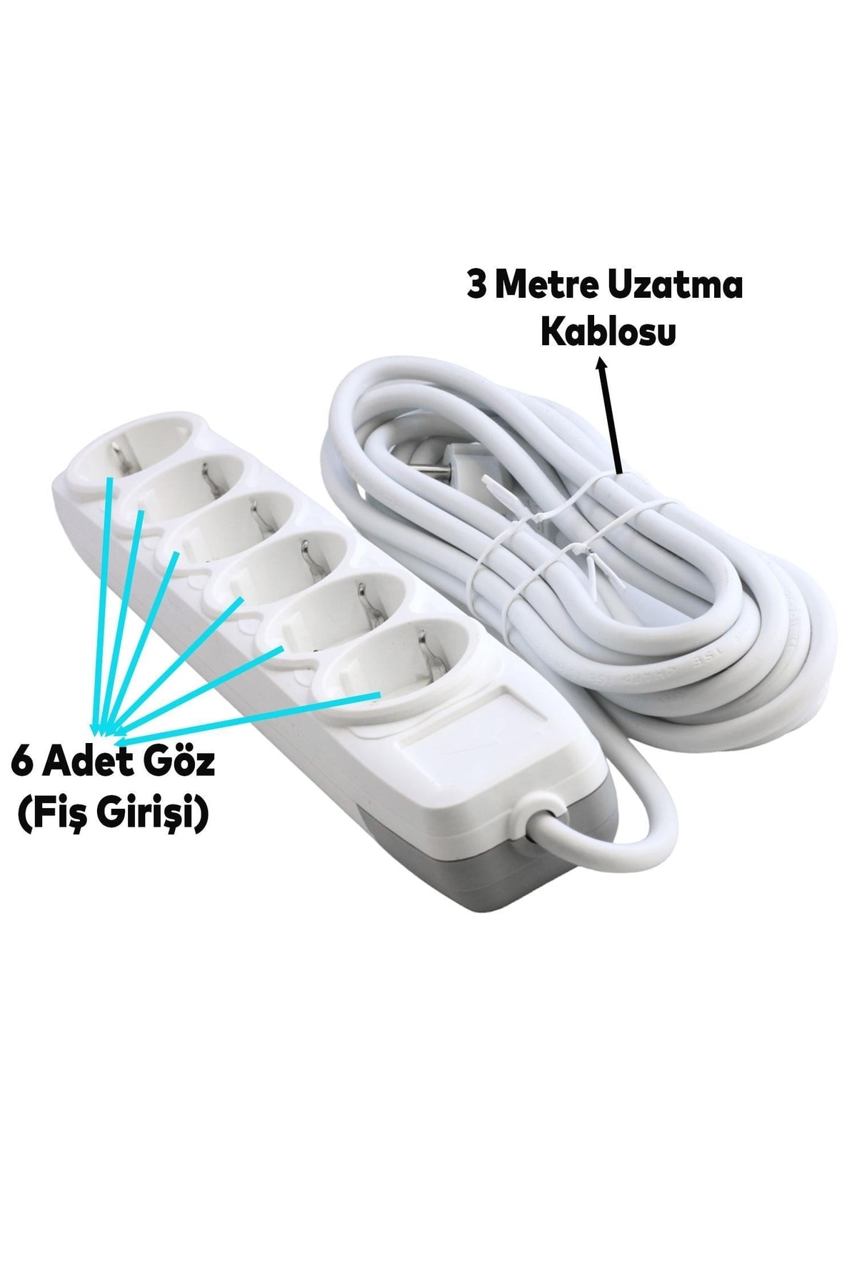 Badem10 Grup Priz 6'lı Altı Gözlü Anahtarsız Topraklı 3 Metre Seyyar Ara Kablolu Uzatma ...