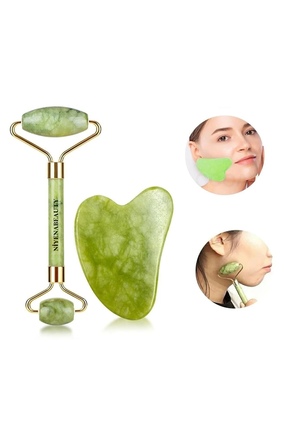 NİYENABEAUTY Cilt Bakım Seti Yeşim Taşı Gua Sha Masaj Taşı Ikili Set - Fiyatı, Yorumları
