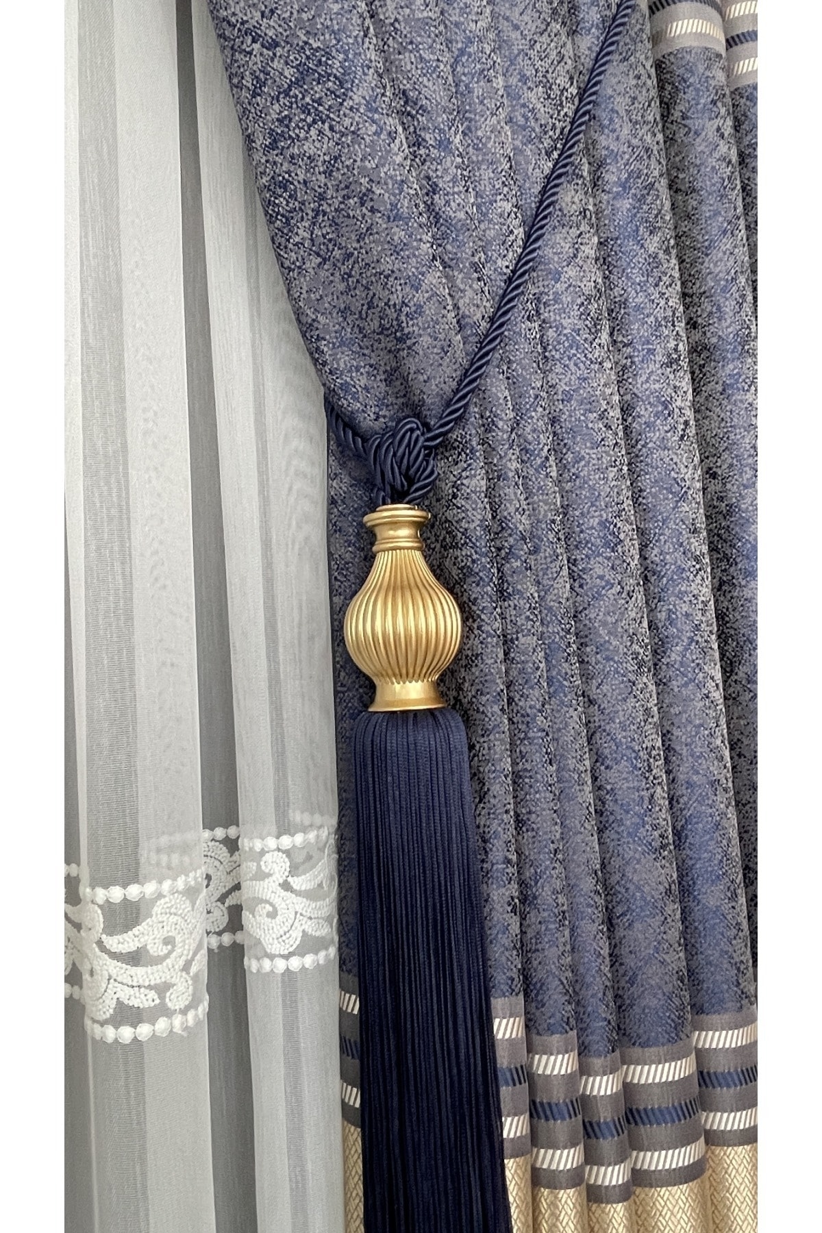 Yuka Pano Fon Perde Vizon Lacivert Altın Tek Kanat Sık Pileli Jakarlı Parlak Desenli 100 X 280 ...