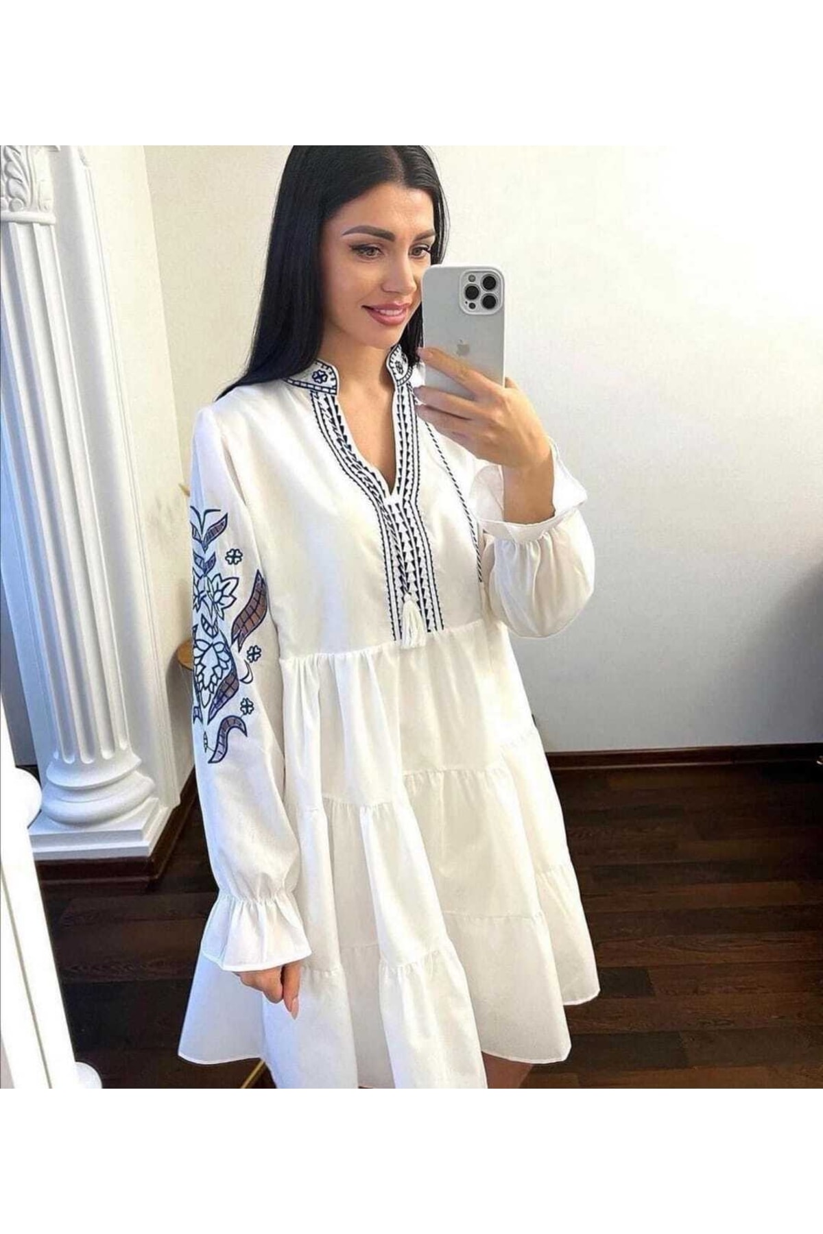 EZFER Hakim Yaka Gögüs Ve Kol Lar Nakış Detaylı Kısa Elbise Fiyatı ...