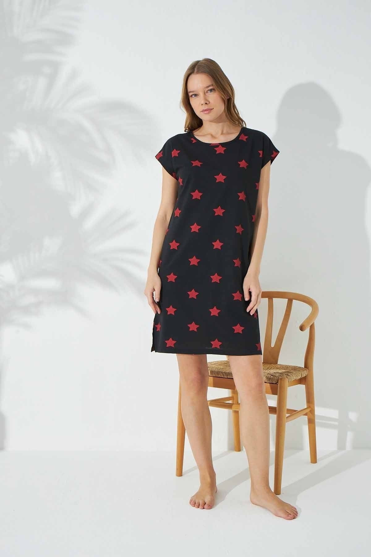 Siyah İnci Siyah Bordo Yıldız Desenli Örme Pamuklu Gecelik ElbiseFiyatı ...