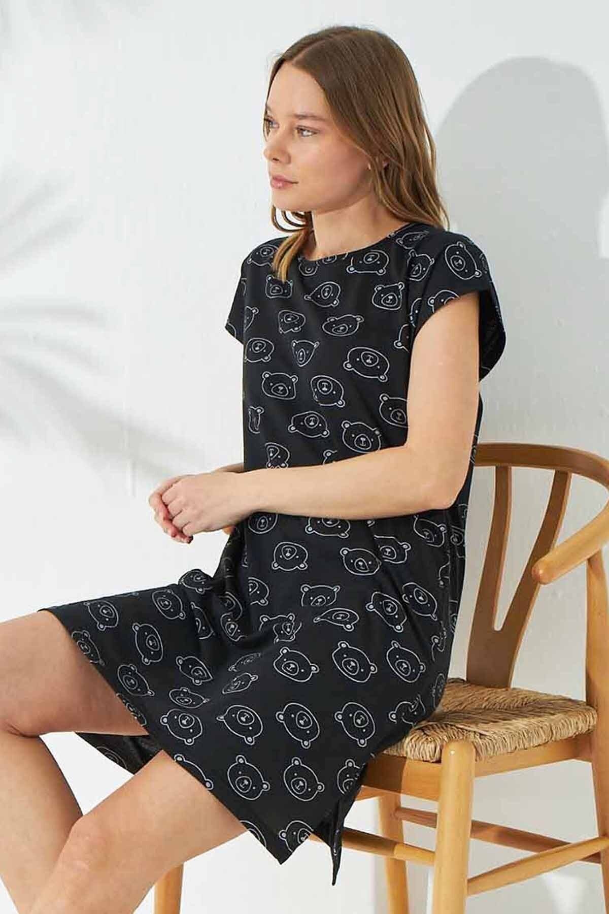 Siyah İnci Siyah Ayıcık Desenli Örme Pamuklu Gecelik Elbise Fiyatı ...