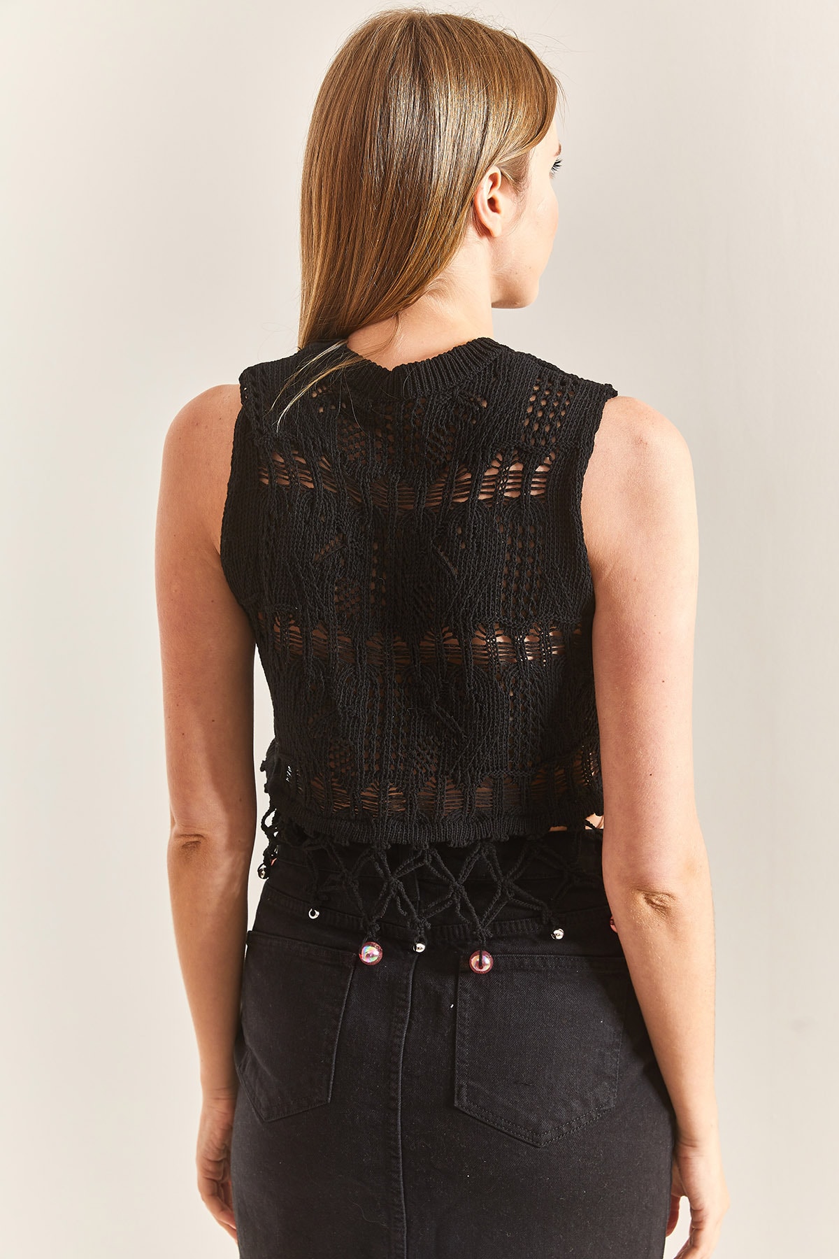 Bianco Lucci Gemusterte Strickbluse mit durchbrochenen Fransen und ...