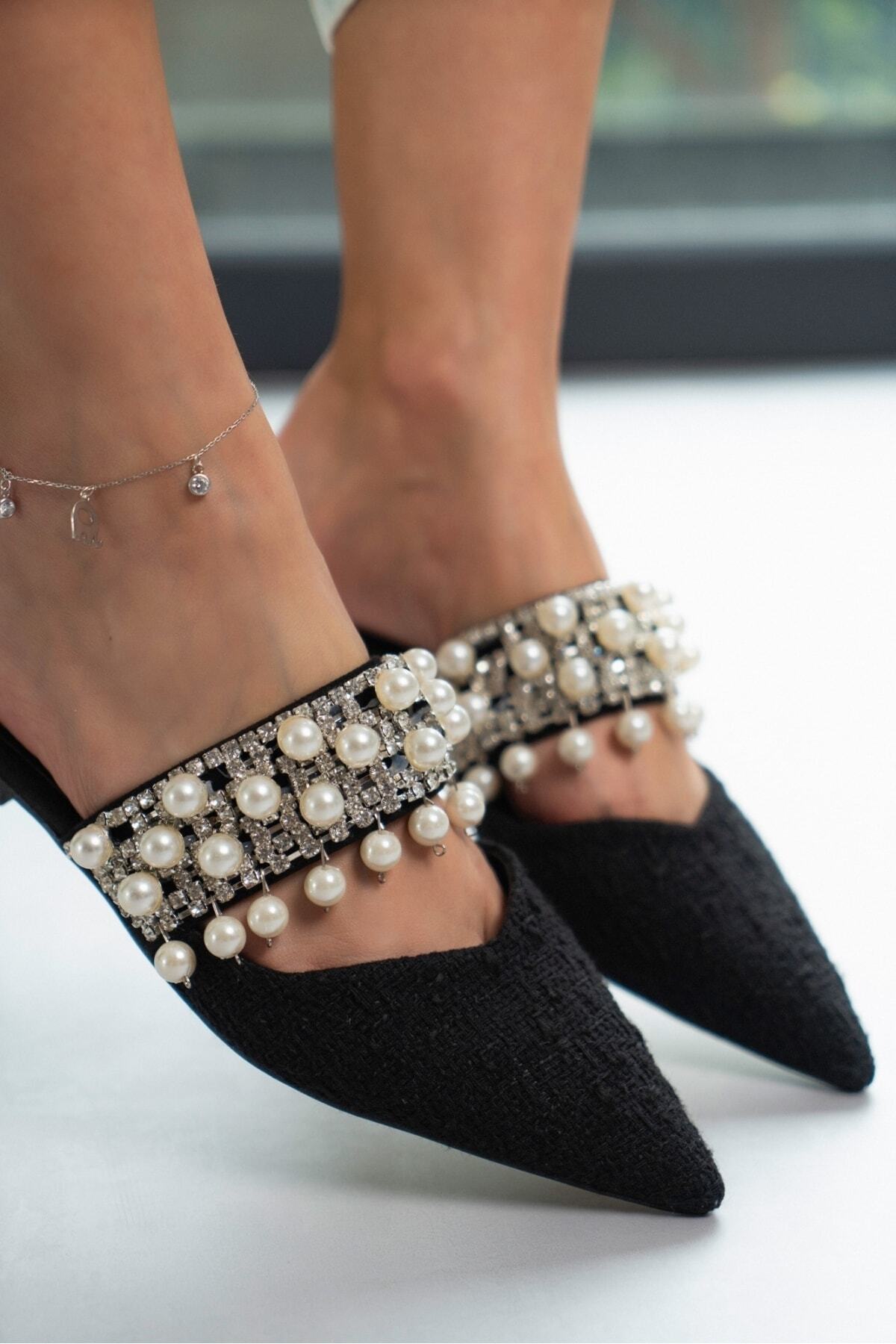 NİŞANTAŞI SHOES Fomax Siyah Kilim Inci Detay Kadın Topuklu Terlik ...