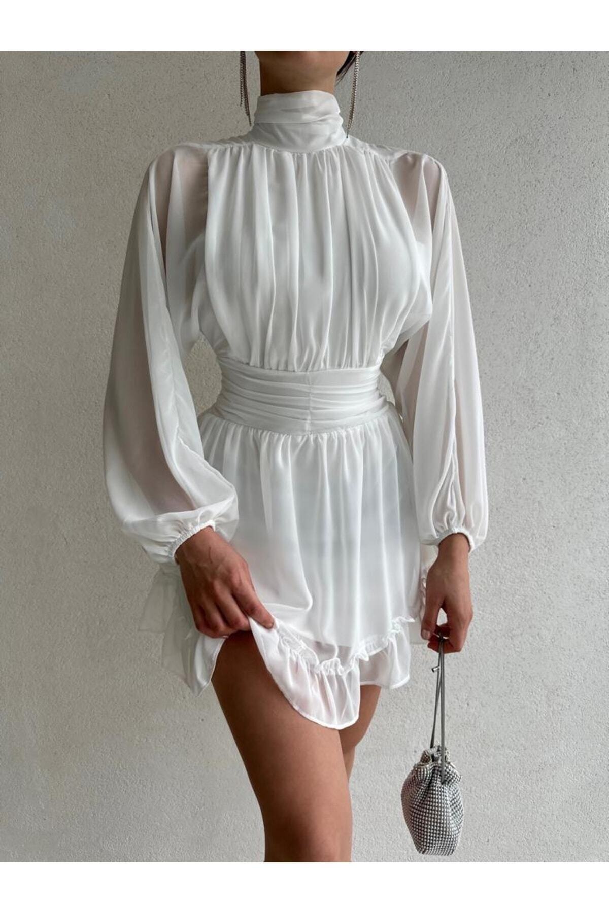 munora butik Dik Yakalı Şifon Beyaz Elbise Fiyatı, Yorumları - Trendyol