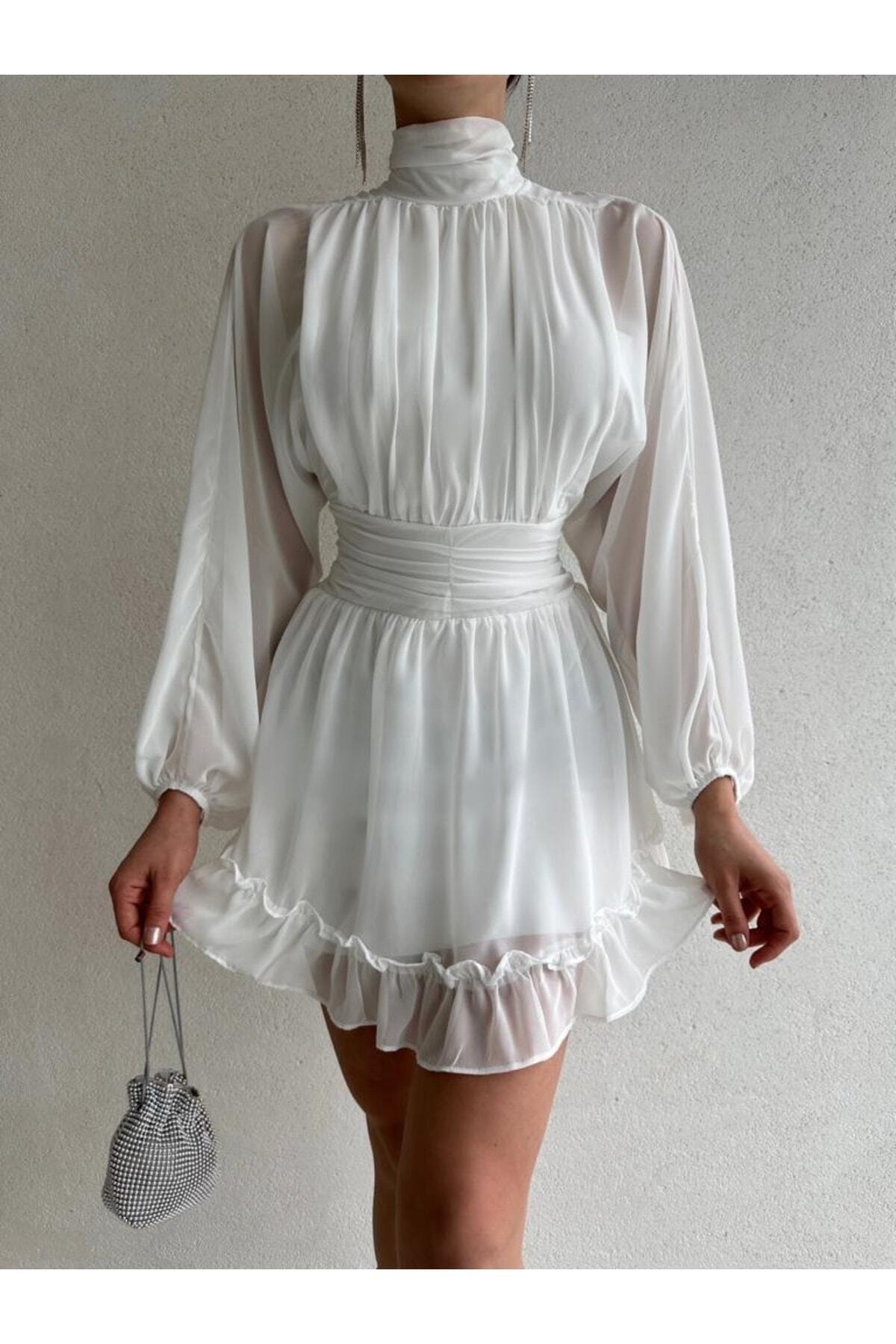 munora butik Dik Yakalı Şifon Beyaz Elbise Fiyatı, Yorumları - Trendyol