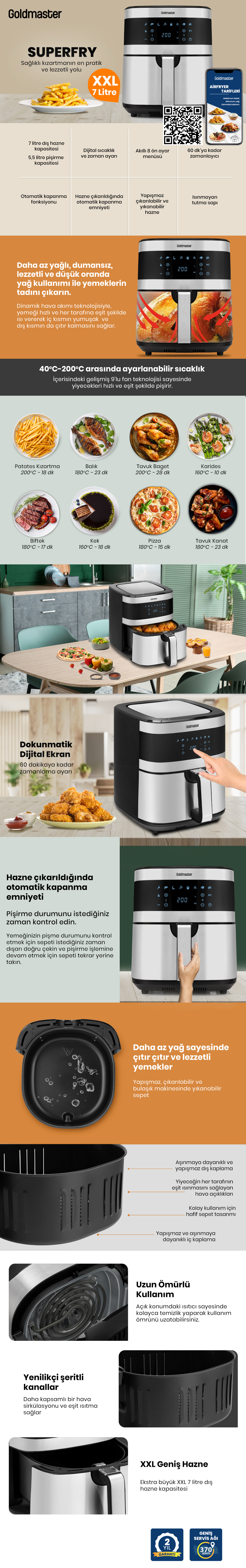 GoldMaster Superfry 7 Litre Inox Geniş Hazneli Xxl Dokunmatik 8 Ön ...