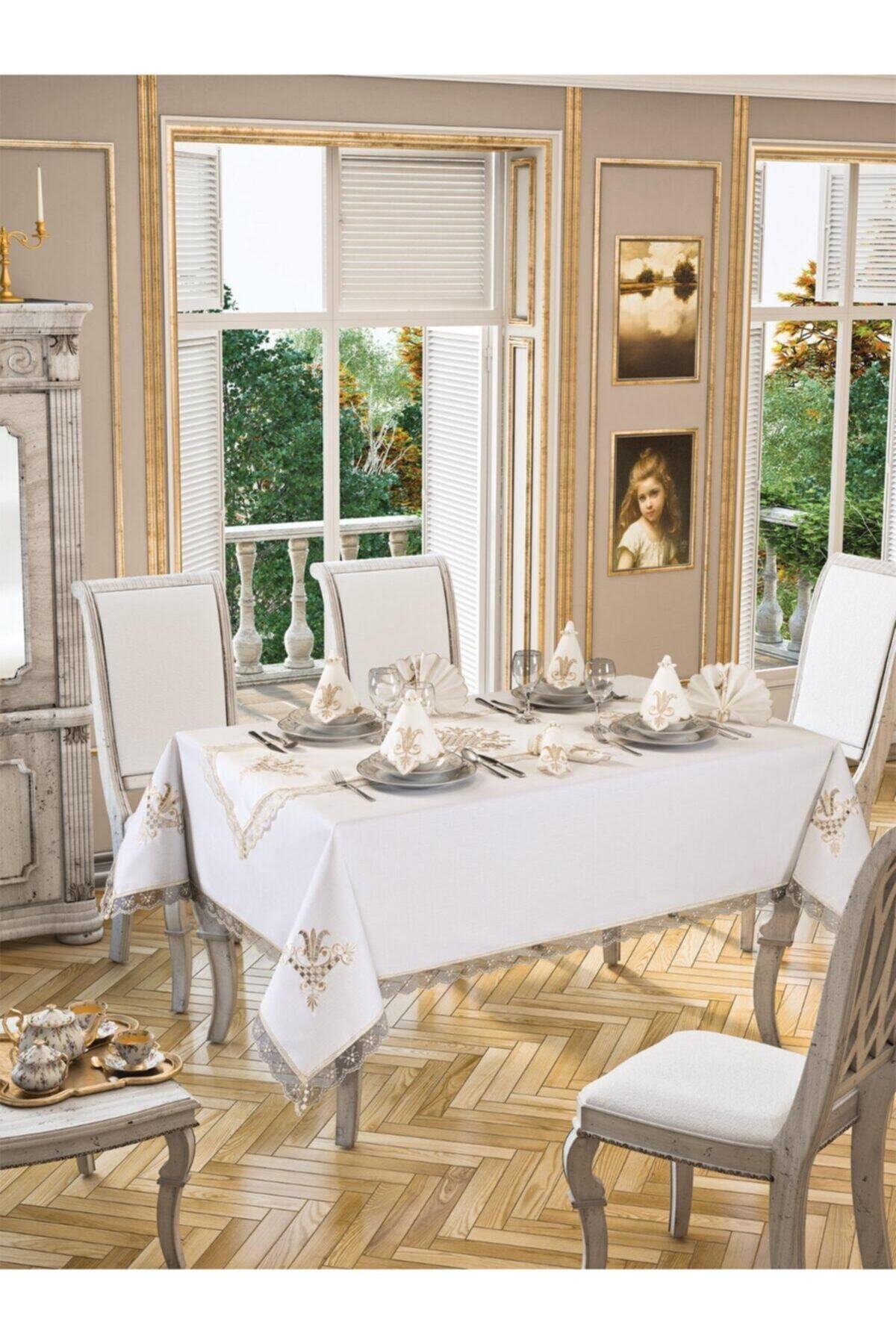 WENESSİ Nakışlı Dantelli Delikli Masa Örtüsü Takımı 8 Kişilik Fiyatı ...