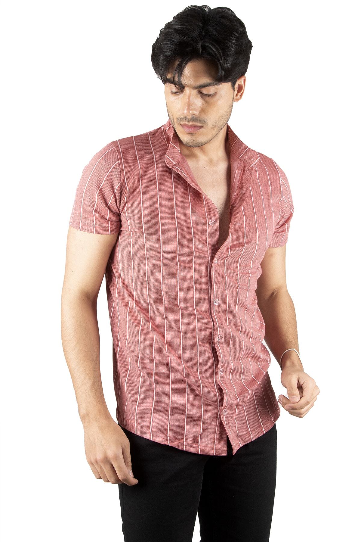 DeepSea Erkek Kırmızı Çizgi Desenli Hakim Yaka Kısa Kollu Penye Gömlek ...