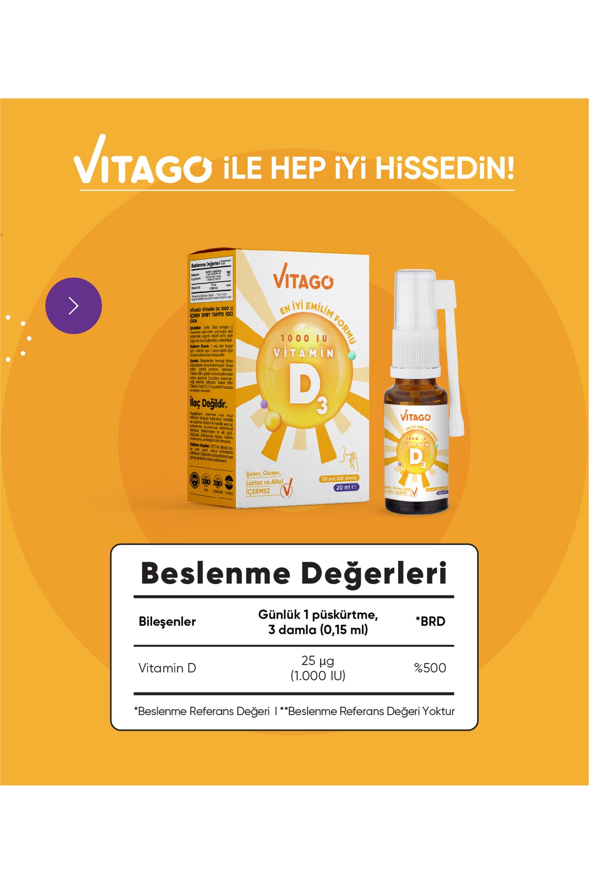 Vitago Daily Vitamin D3 1000 Iu 20 Ml Sprey Ve Damla Takviye Edici Gıda Fiyatı, Yorumları - Trendyol