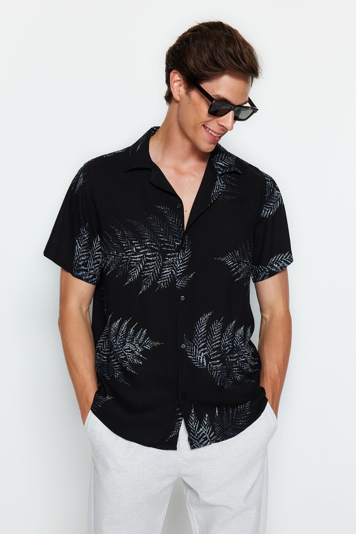 Trendyol Collection Black Men's Regular Fit Apache Collar Short Sleeve ...