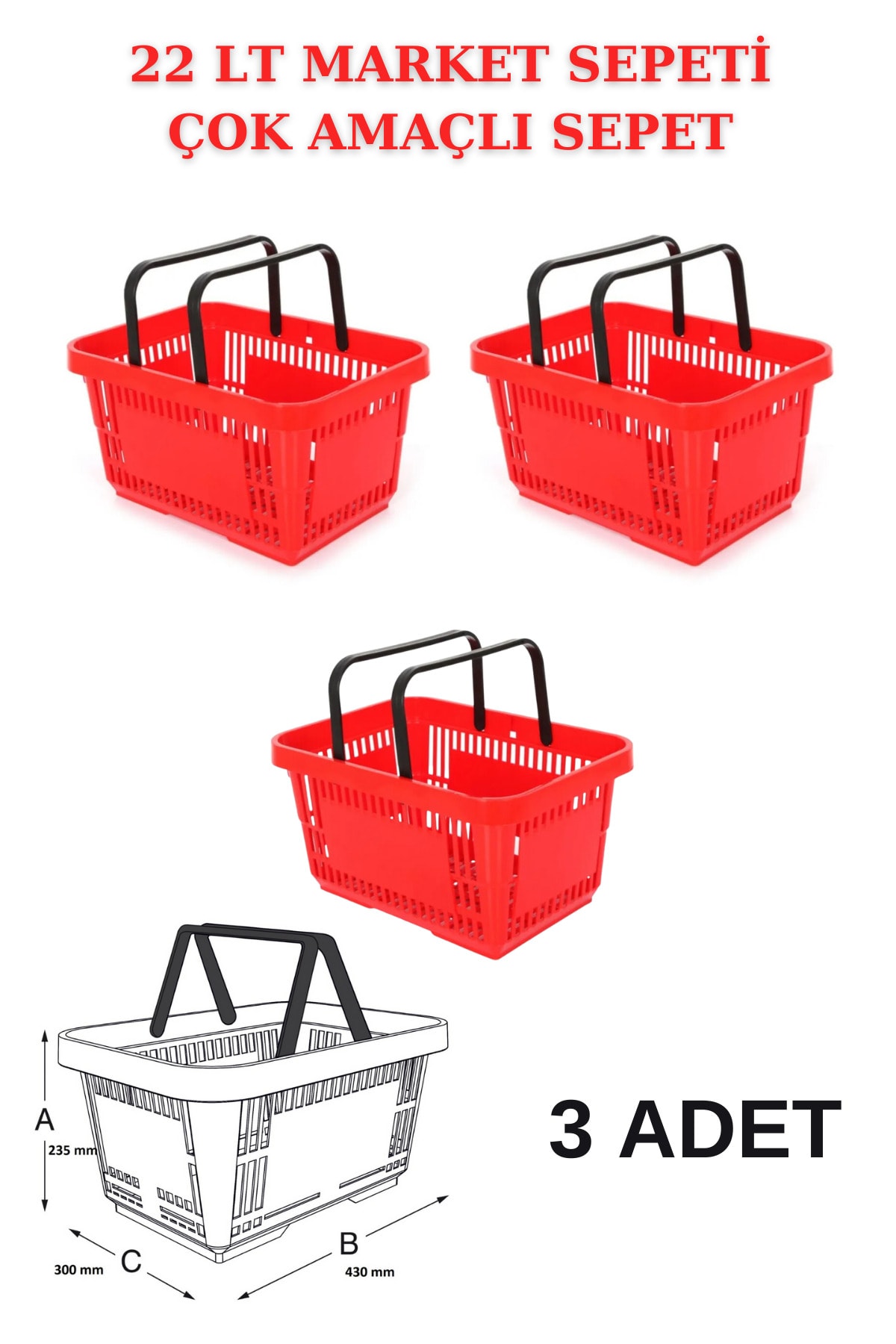 Manken İstanbul 22 Litre 3 Adet Market Sepeti, Alışveriş Sepeti, Saplı ...