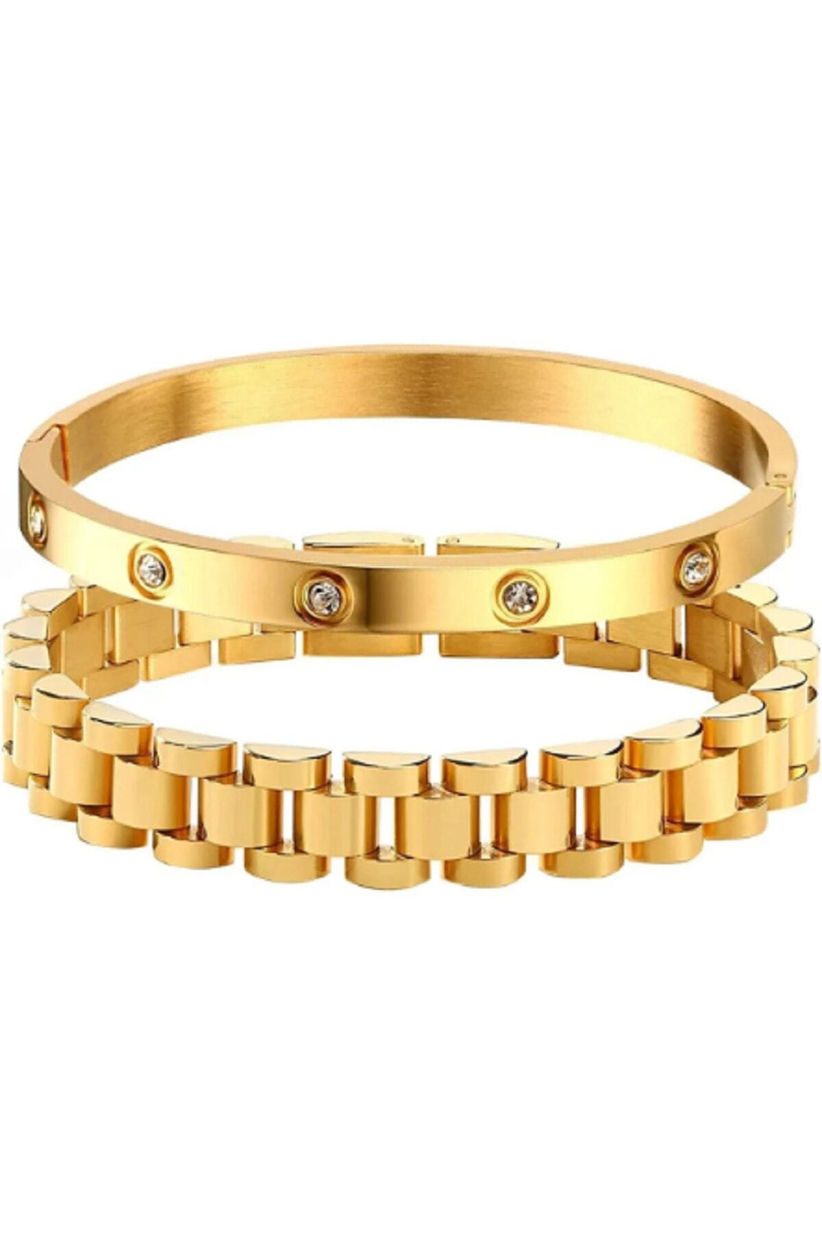 UBUH SHOP Gold Saat Kordon Model Kadın + Zirkon Taşlı Kelepçe Paslanmaz ...