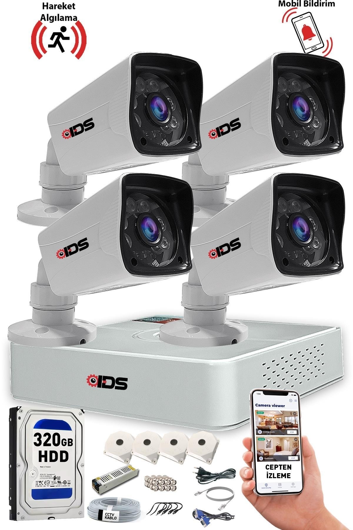 IDS 4 Kameralı Güvenlik Kamerası Sistemi 5mp Sony Lensli - Gece Görüşlü - Cepten Izlemeli ...