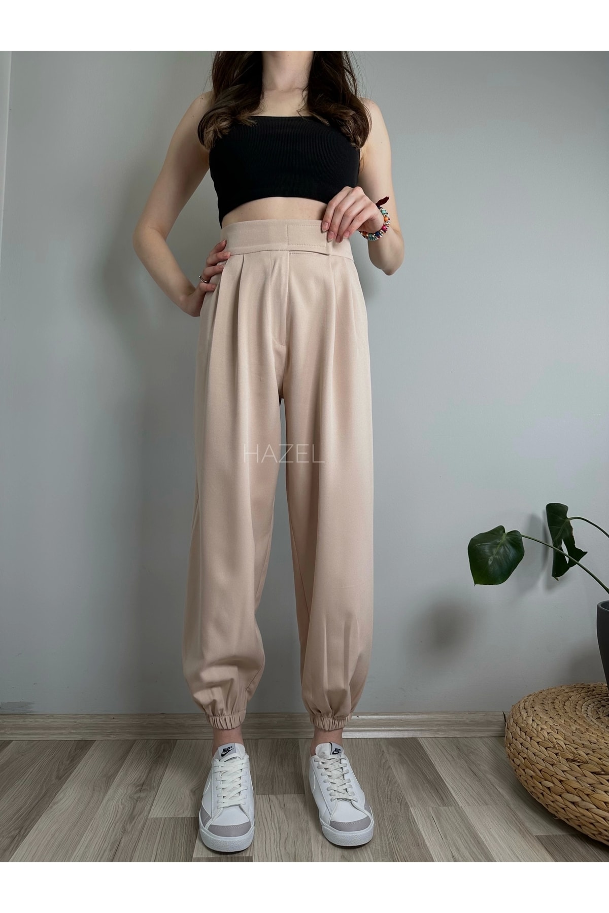 Hazel Kadın Taş Cırtlı Paçası Lastikli Yüksek Bel Balon Pantolon Fiyatı ...