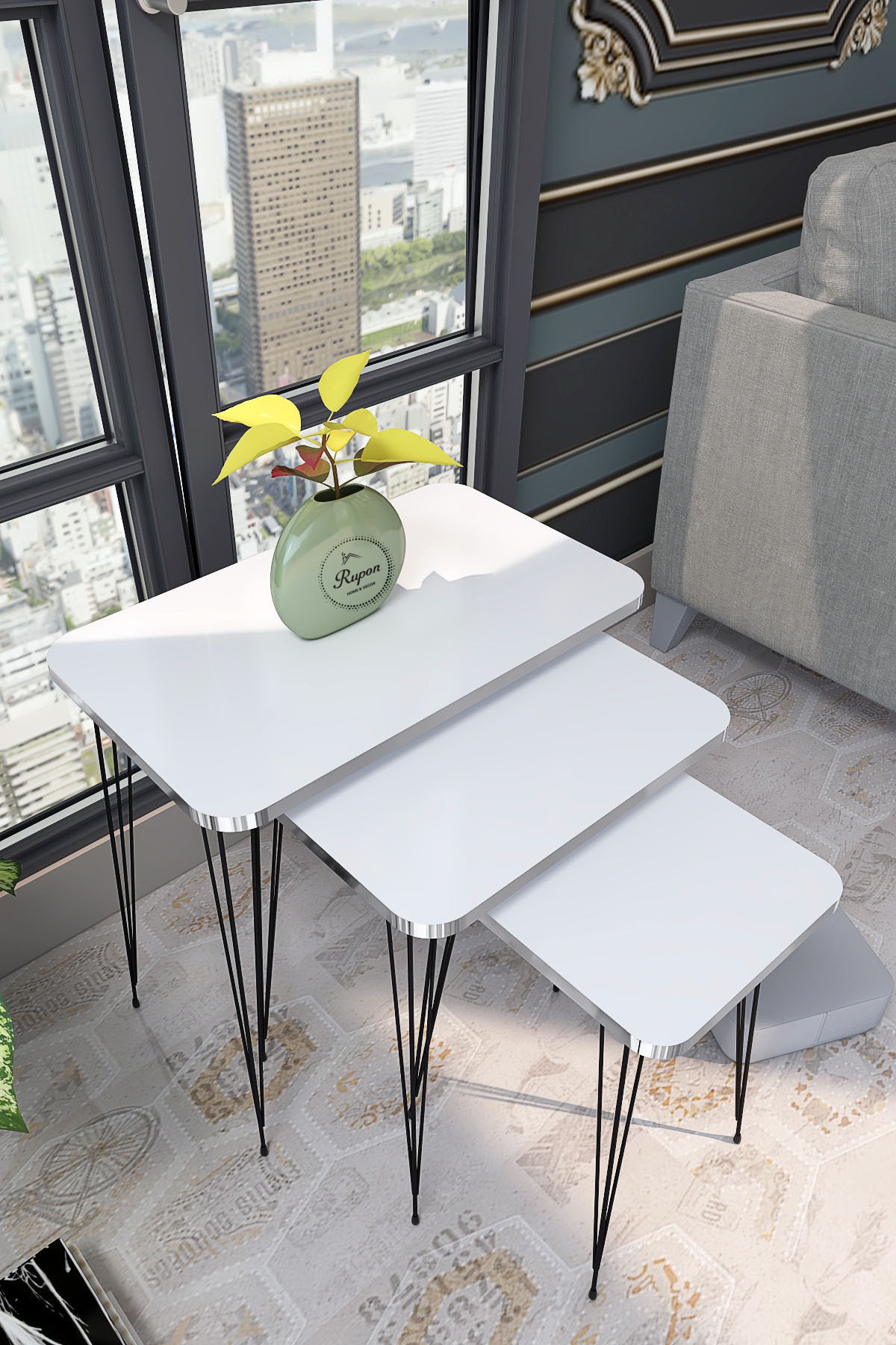 Rupon Home Decor Zigon Sehpa Takımı D.dörtgen-Parlak Beyaz-Gümüş Renk Kenar-Siyah Tel Ayak ...