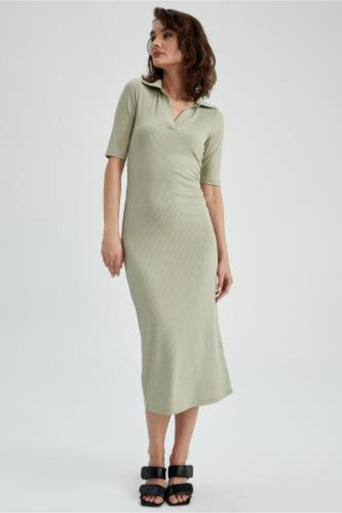 Defacto Bodycon Polo Yaka Fitilli Kaşkorse Midi Kısa Kollu Elbise ...