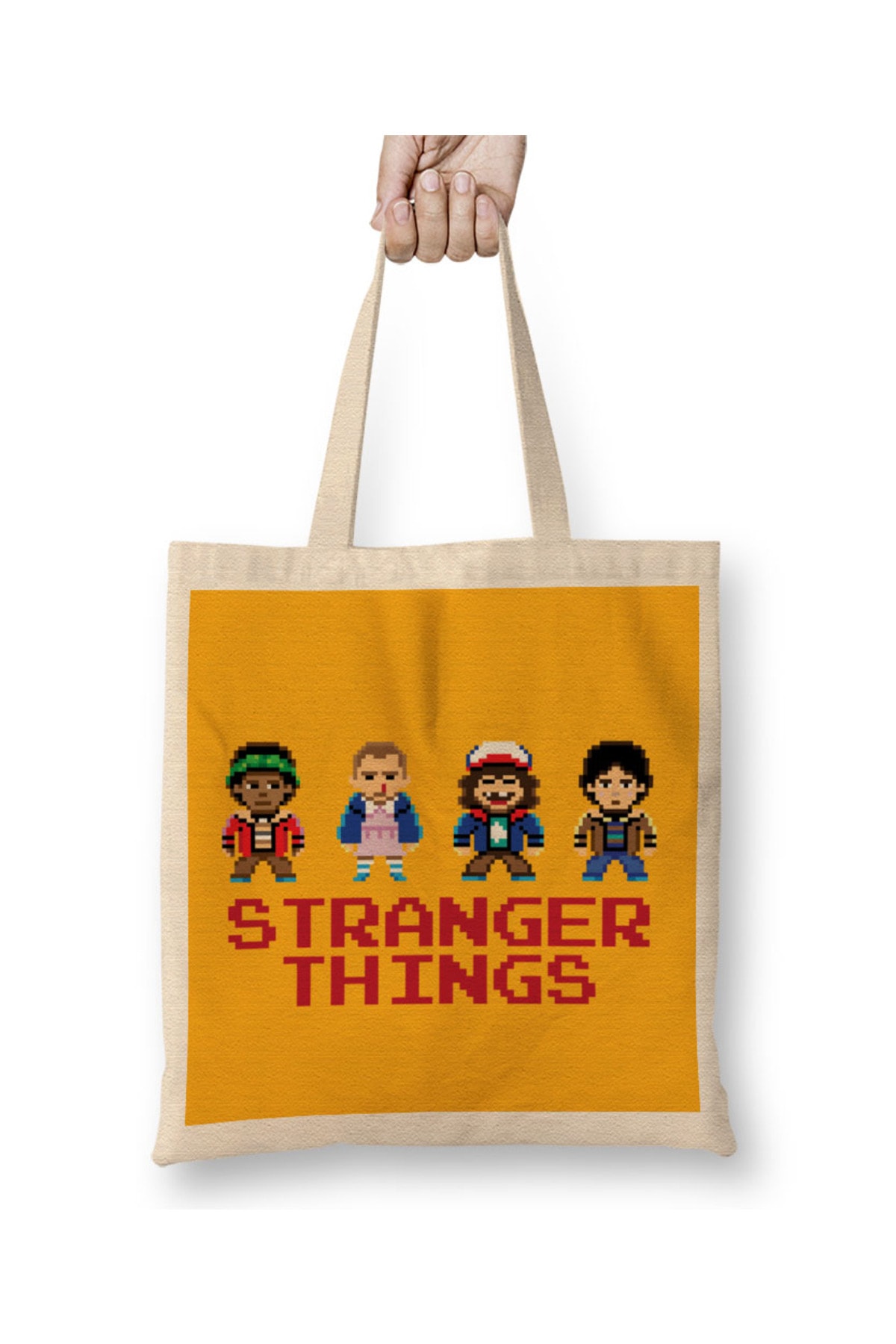 Baskı Dükkanı Stranger Things Pixel Characters 2 Bez Çanta Uzun Saplı ...