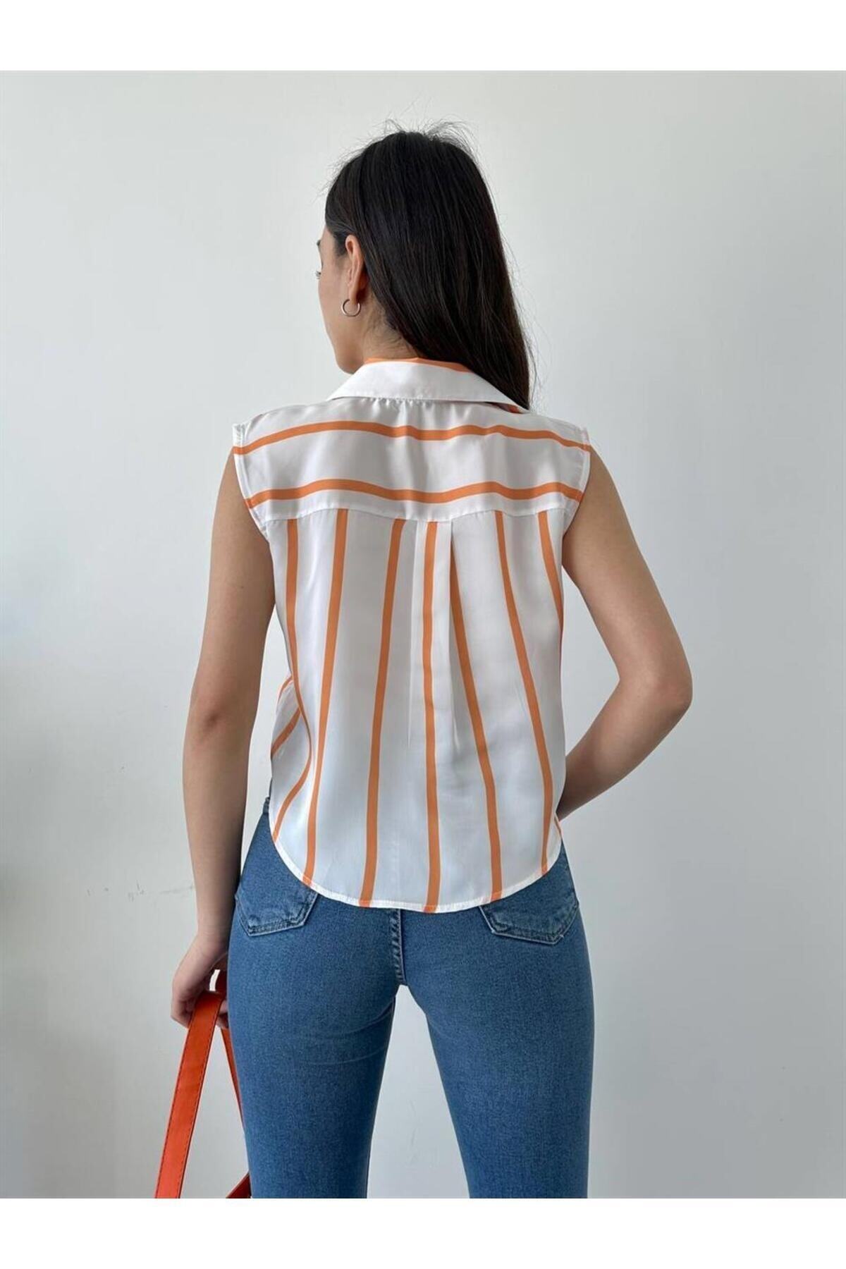 DELBİN Sıfır Kol Çizgili Saten Gömlek Ekru Fiyatı, Yorumları - Trendyol