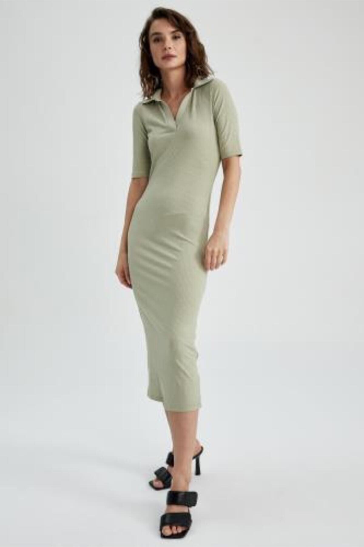Defacto Bodycon Polo Yaka Fitilli Kaşkorse Midi Kısa Kollu Elbise ...