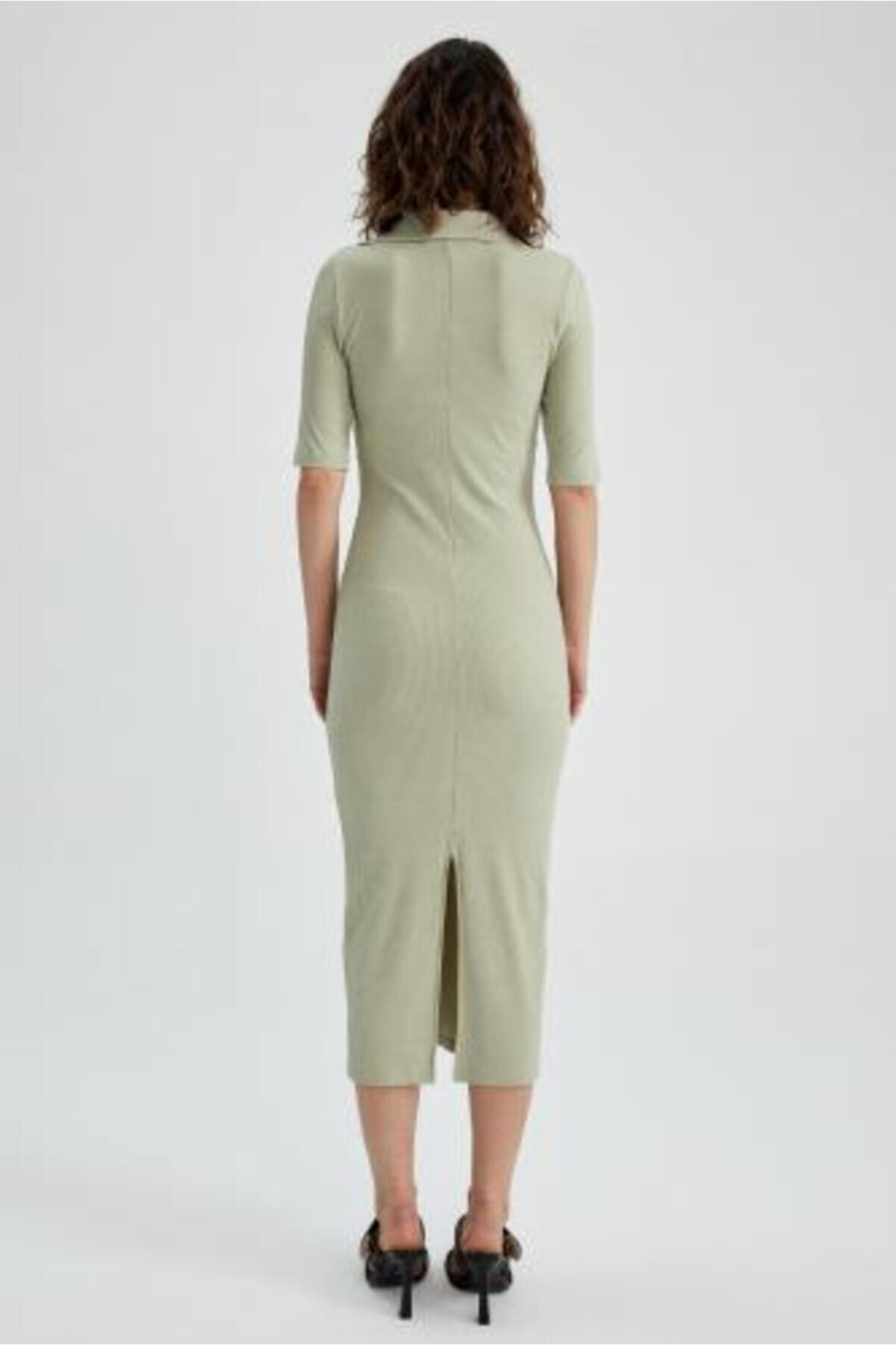 Defacto Bodycon Polo Yaka Fitilli Kaşkorse Midi Kısa Kollu Elbise ...