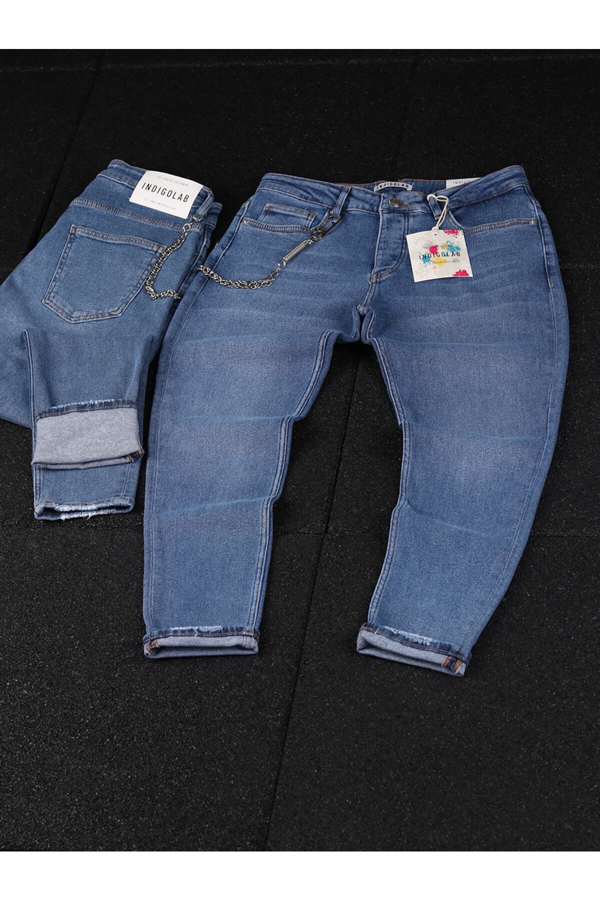 INDIGOLAB Erkek Skinny fit mavi jean pantolon zincir aksesuarlı ...