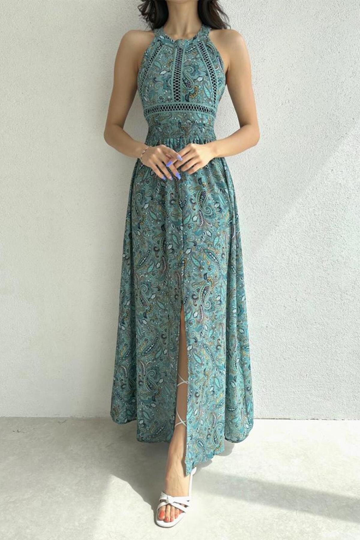 LUNAButik Paisley Patterned Backless Midi Length Samara Dress Green ...