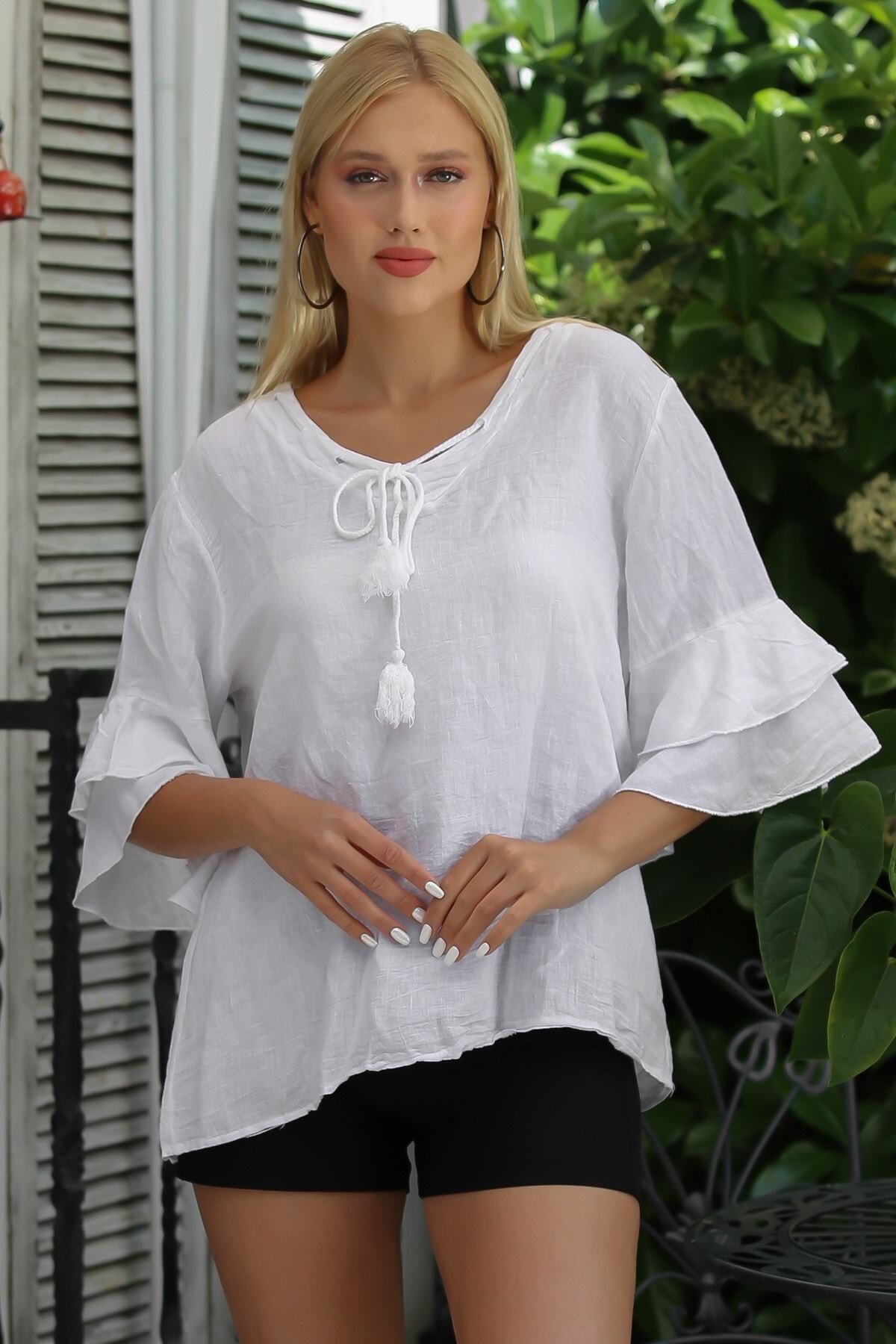 Chiccy İtalyan Beyaz V Yaka Fırfırlı Kol Keten Dokuma Bluz Fiyatı ...