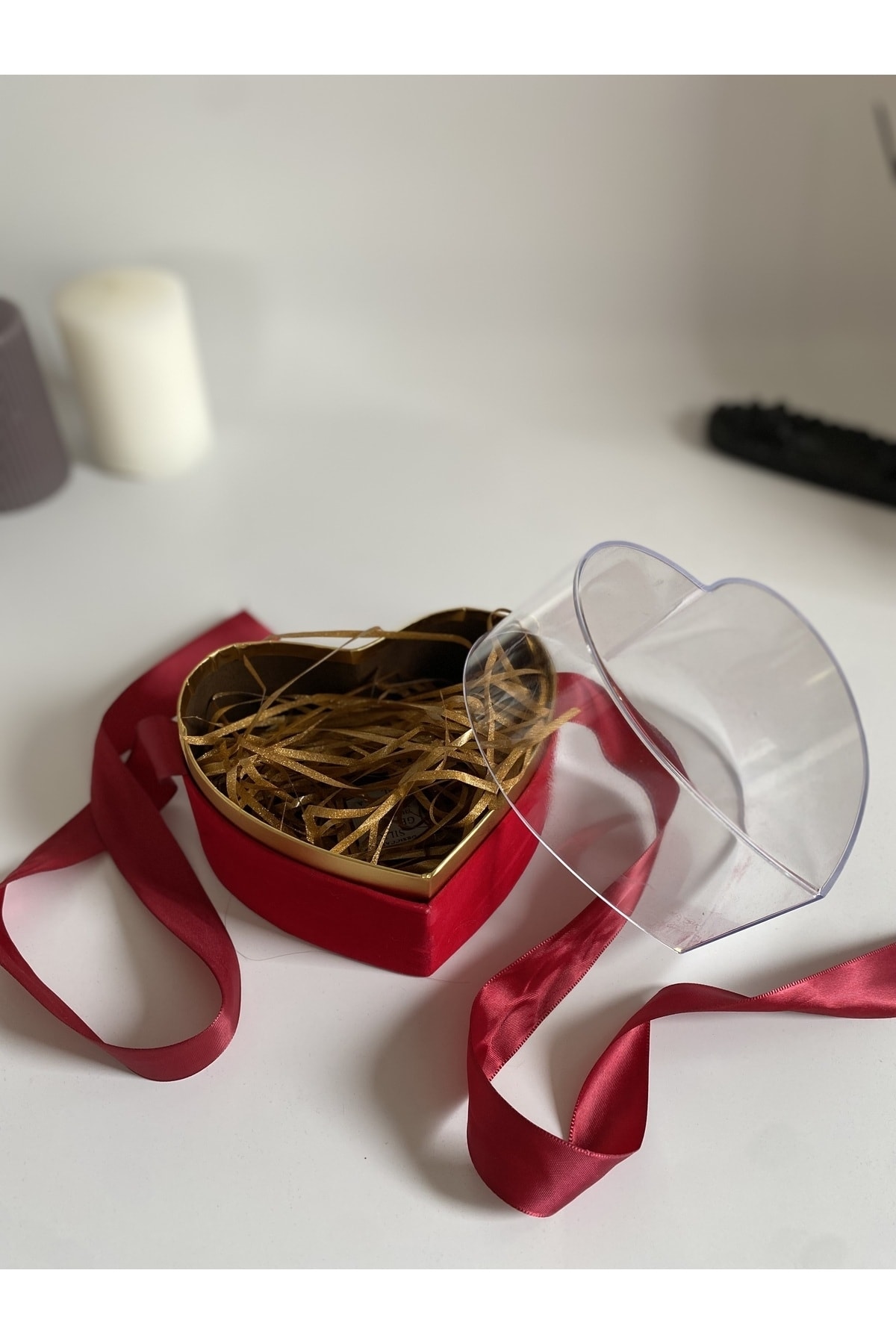 yesilcamsepeti Kurdeleli Kalpli Kadife Dokulu Şeffaf Kapaklı Hediye ...