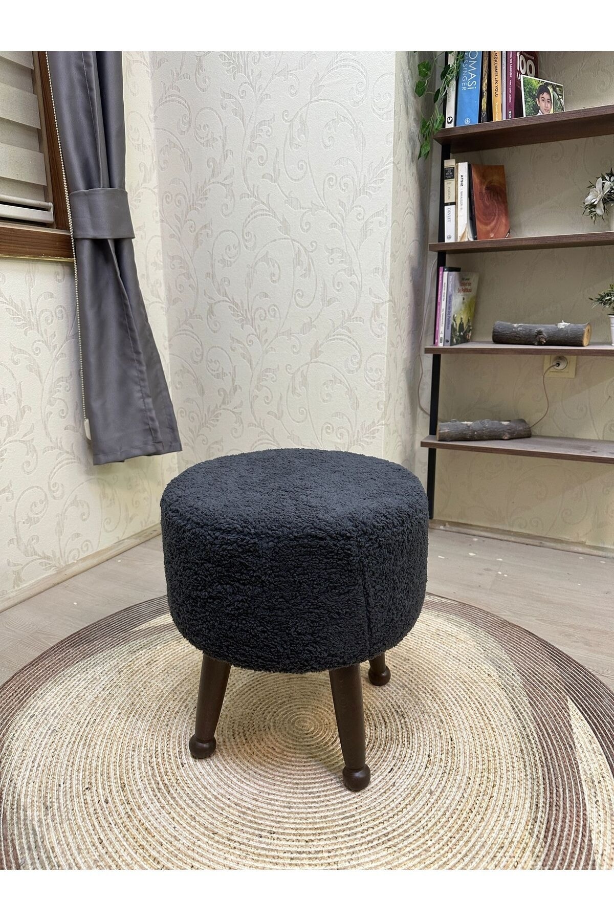 Asedia Miskin Ceviz Teddy Antrasit Ahşap Ayaklı Peluş Puf Makyaj ...