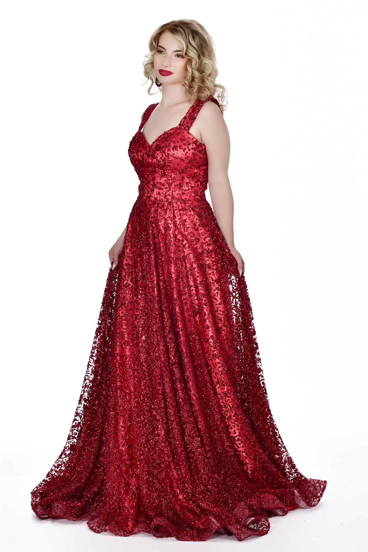 Kulis Kırmızı Askılı Kalp Yaka Pullu Prenses Model Abiye & Mezuniyet ...