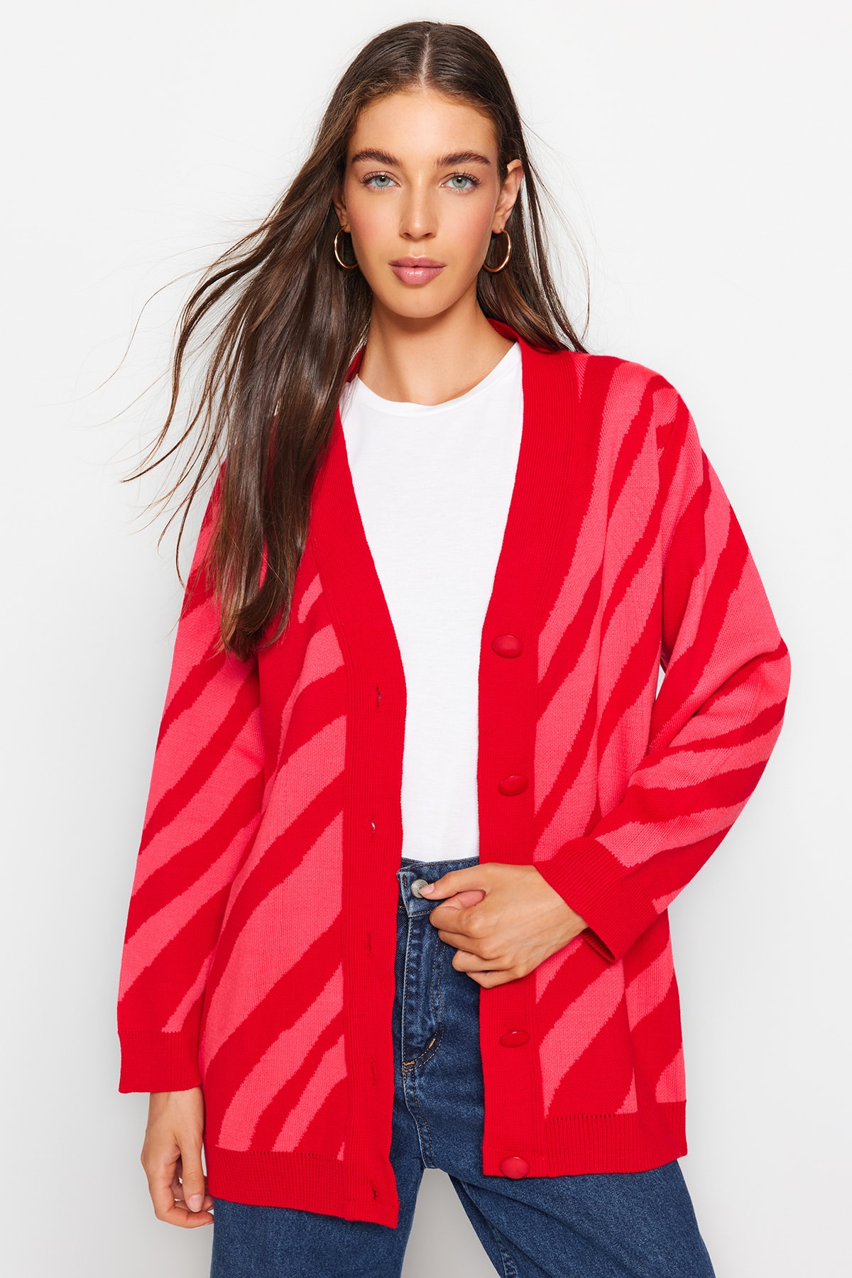 Trendyol Modest Red Animal Line Patterned Knitwear Cardigan ...