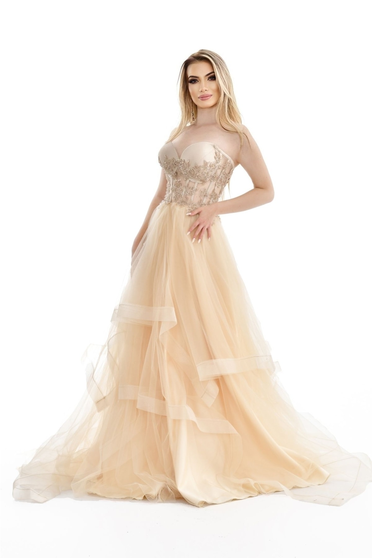 Kulis Gold Straplez Balenli Taşlı Etekleri Katlı Prenses Model Tül ...