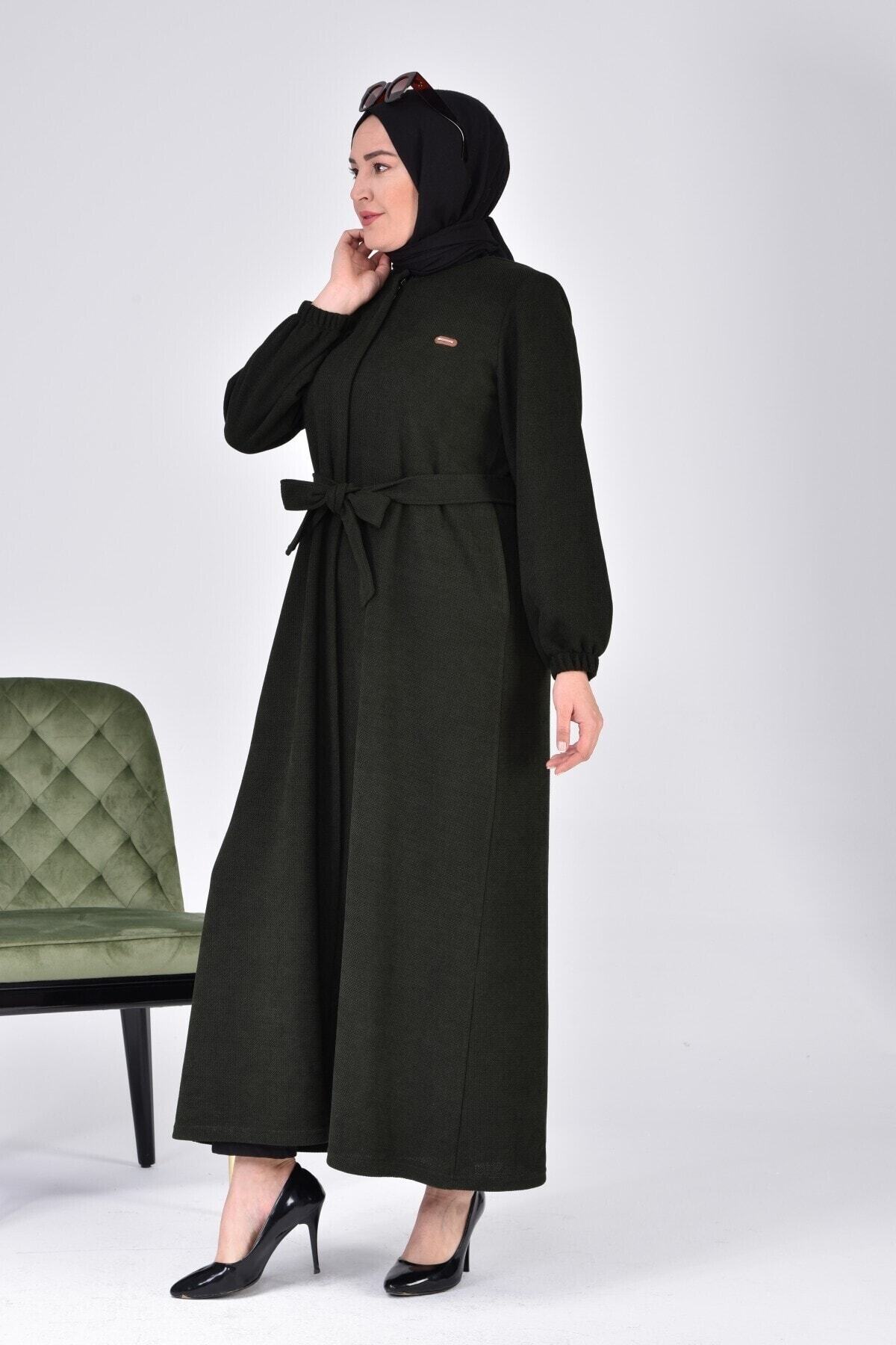 Ferace Tesettur Beli Baglamali Buyuk Beden Pardesu Kislik Haki Fiyatı ...