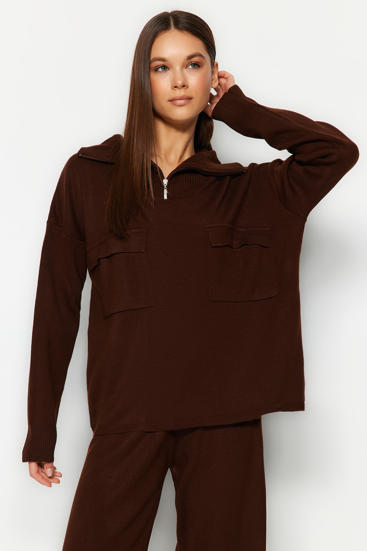Trendyol Collection Wide Fit Zippered and Pocketed Brown Knitwear Set ...