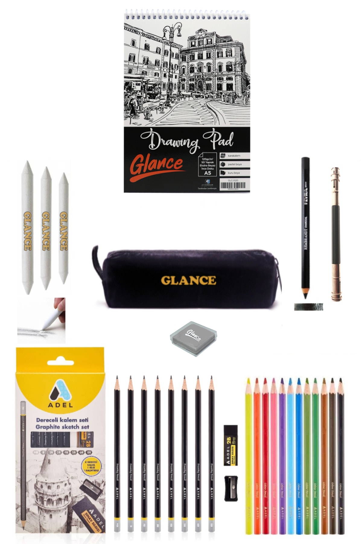 GLANCE Eskiz Defteri A5 120 gr 50 yp Adel Dereceli Kalem Seti 8'li Adel ...