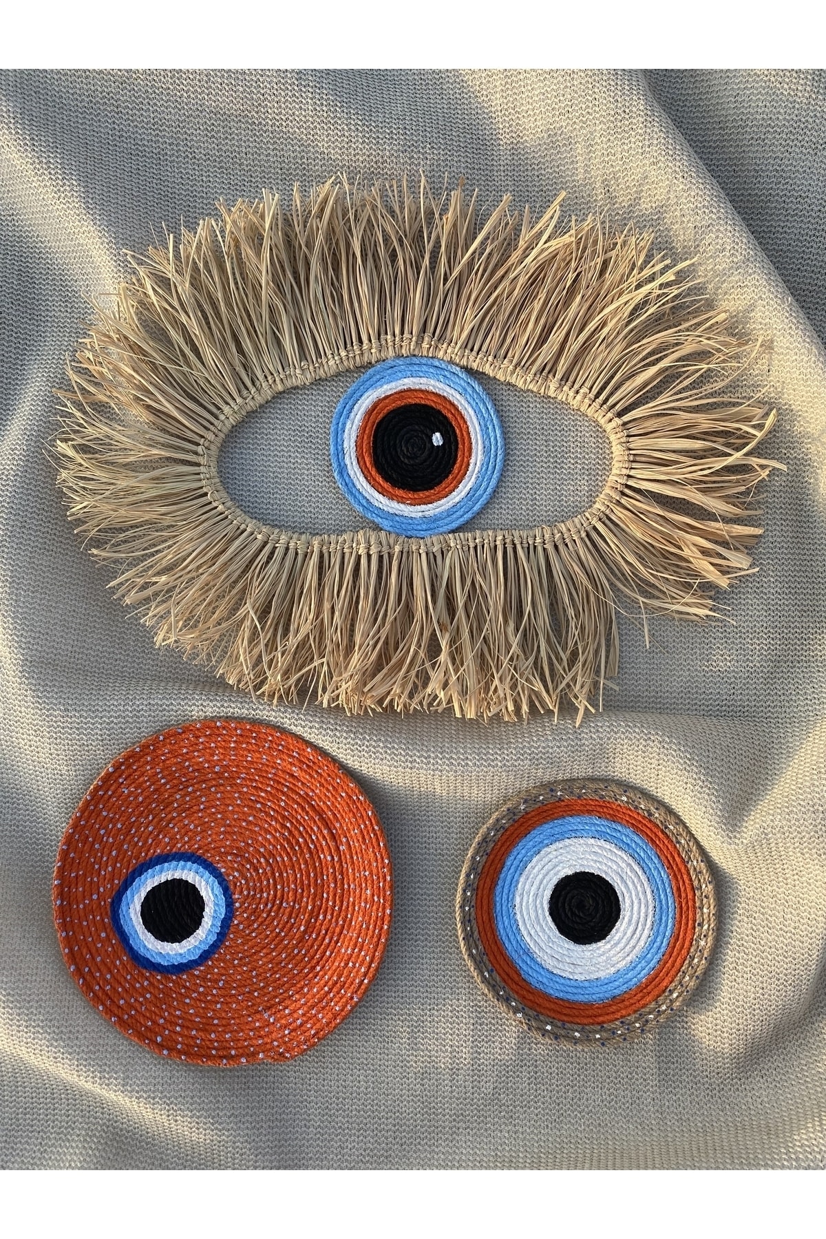 MOMİKO TASARIM Nazar Boncuğu El Yapımı Hasır Duvar Tabağı Seti -Turuncu ...