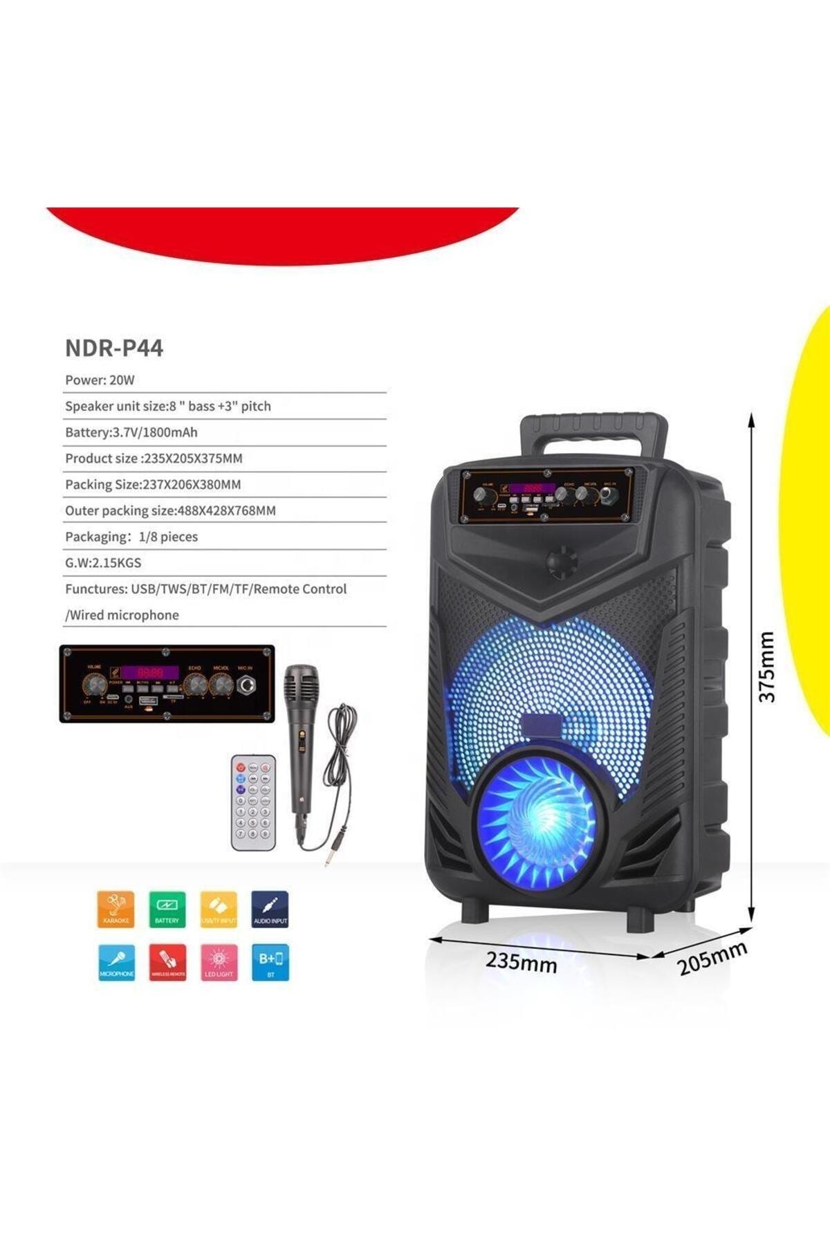 Torima NDR-P44 Mikrofonlu Kumandalı Rgb Ledli Taşınabilir Bluetooth Hoparlör Usb-Tf-Fm Radyo ...