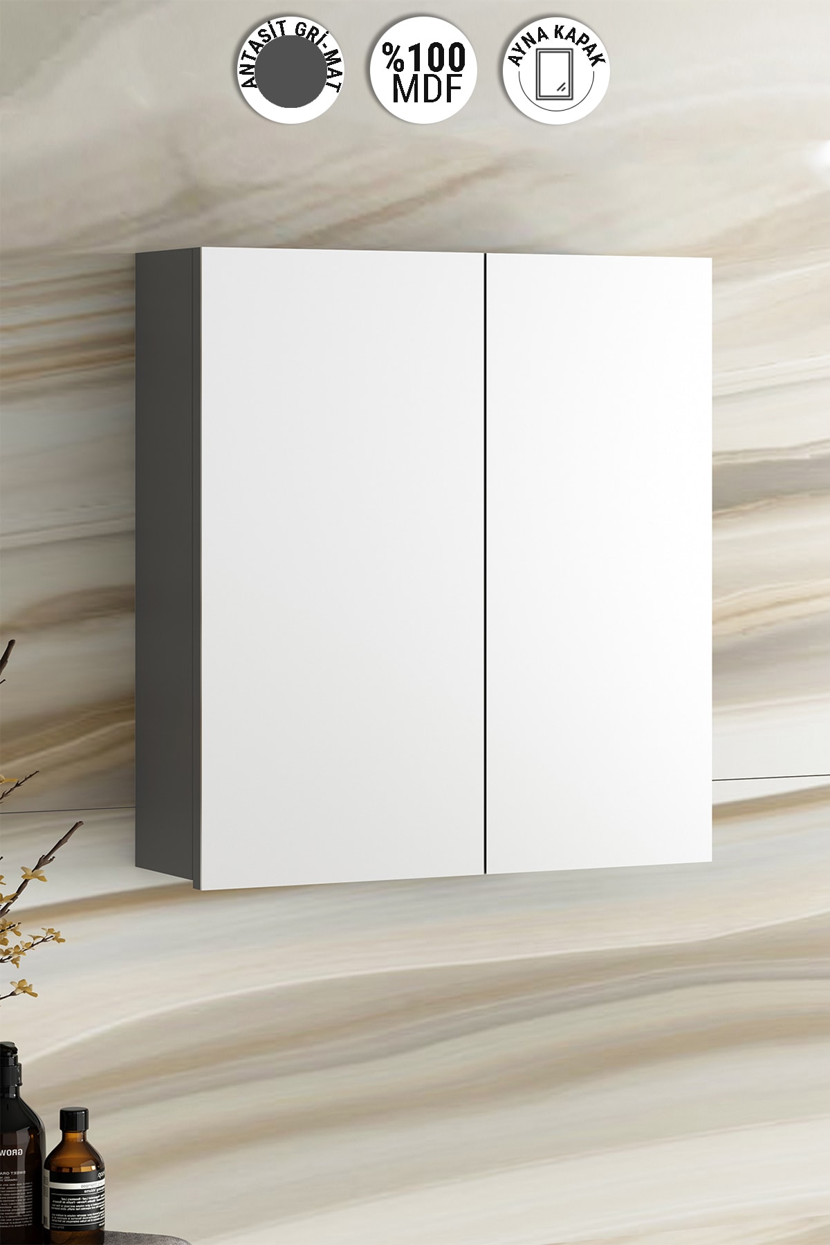ÖZCEDEN Çiğdem 65 cm Antrasit Gri Mat MDF Aynalı Asma Banyo Üst Dolabı ...