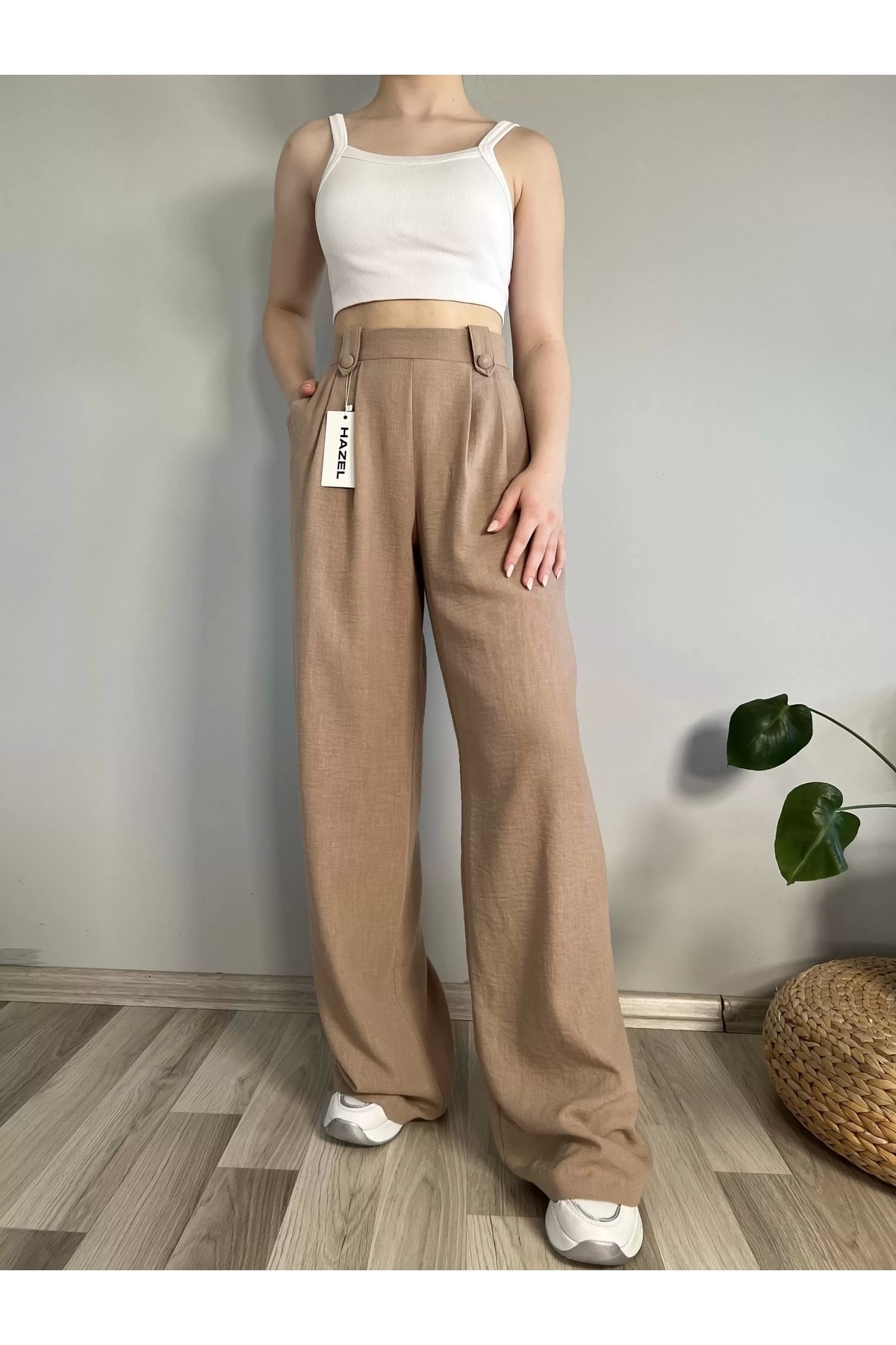 Hazel Kadın Vizon Keten Düğmeli Yüksek Bel Palazzo Pantolon Fiyatı ...
