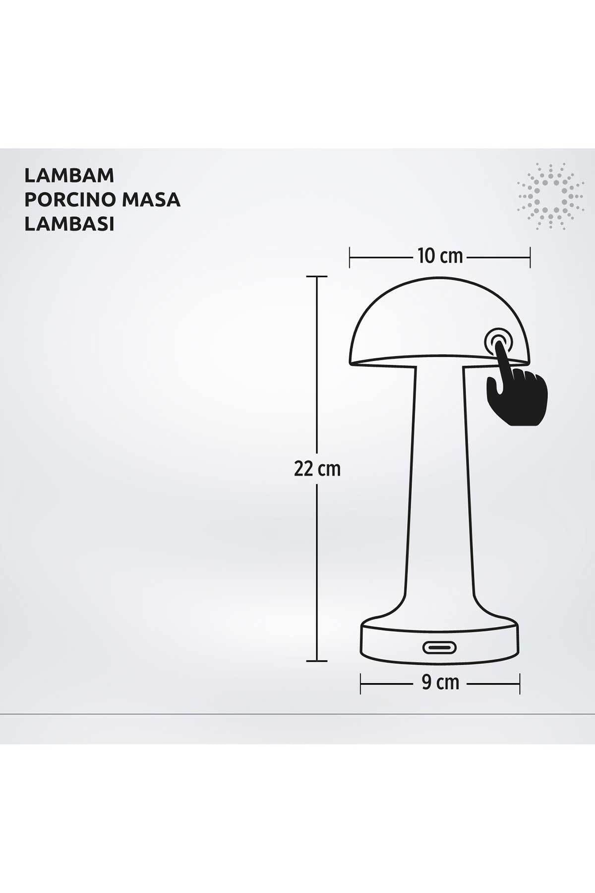 LAMBAM Porcıno Dokunmatik 3 Renkli Dimli Şarjlı Mantar Masa Lambası ...