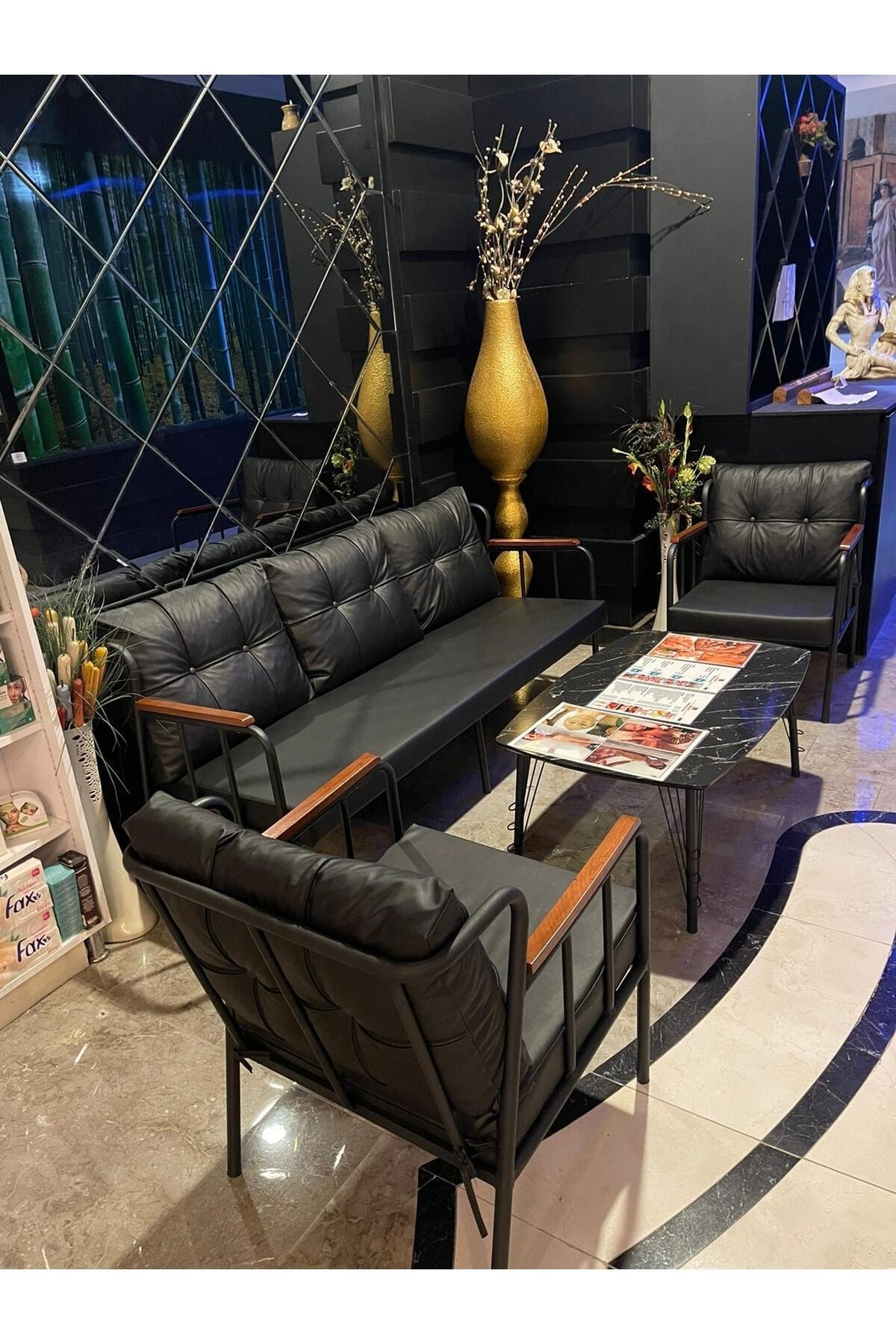 ARYANS HOME Siyah Deri Metal Ofis Koltuk Takımı Büro Koltuk Ve ...