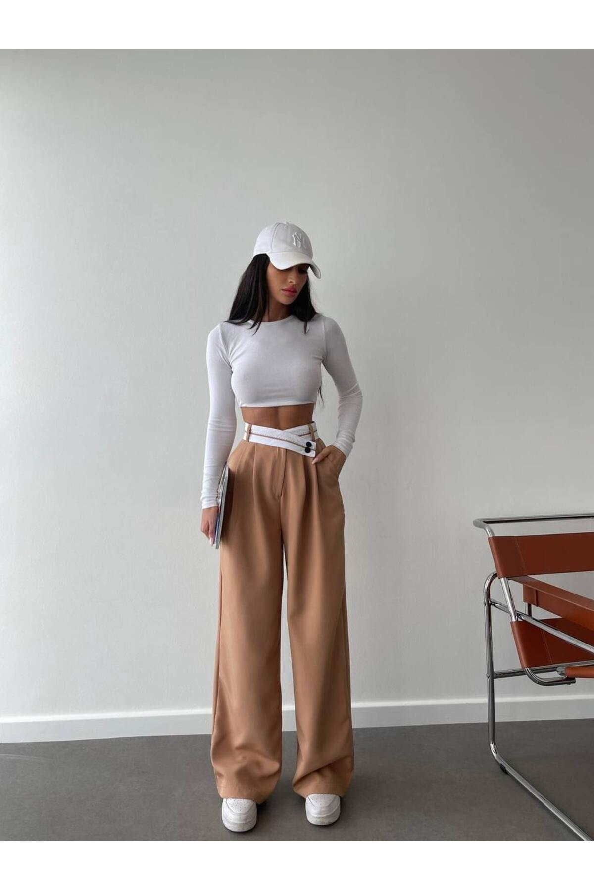 VOYEX Kadın Yüksek Bel Ters Kemer Detay Palazzo Dökümlü Kumaş Pantolon ...