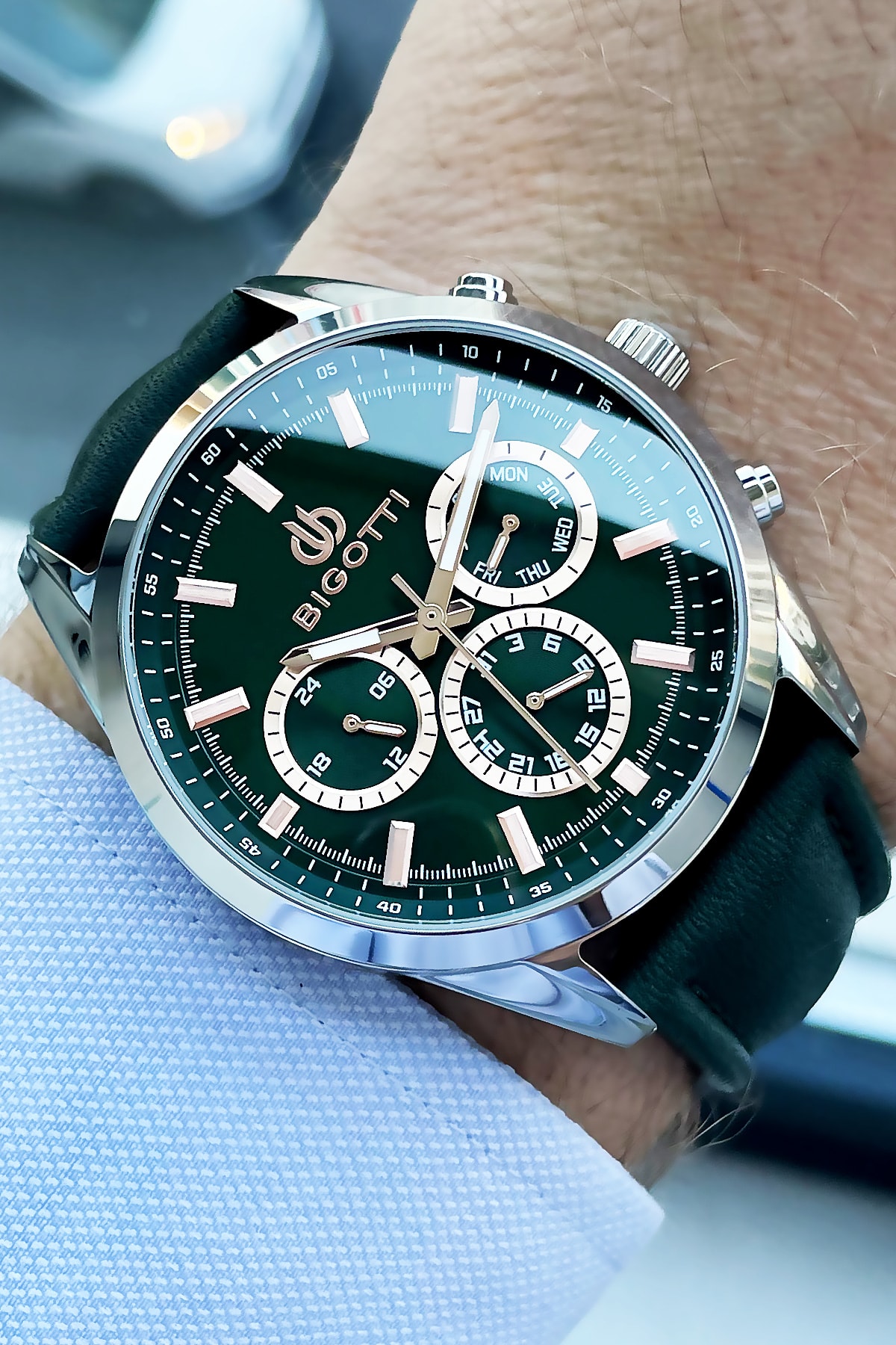 Bigotti Erkek Kol Saati 5 Atm Su Geçirmez %100 Deri Kordon Yeşil Renk ...