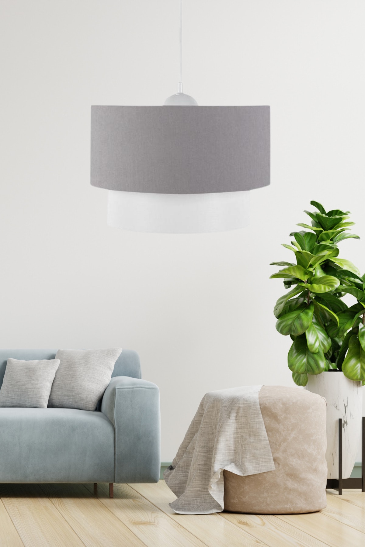 HOMİNG Artgift Pasta Sarkıt Ve Ahşap Ayaklı Abajur Antrasit Kumaş Üçlü ...