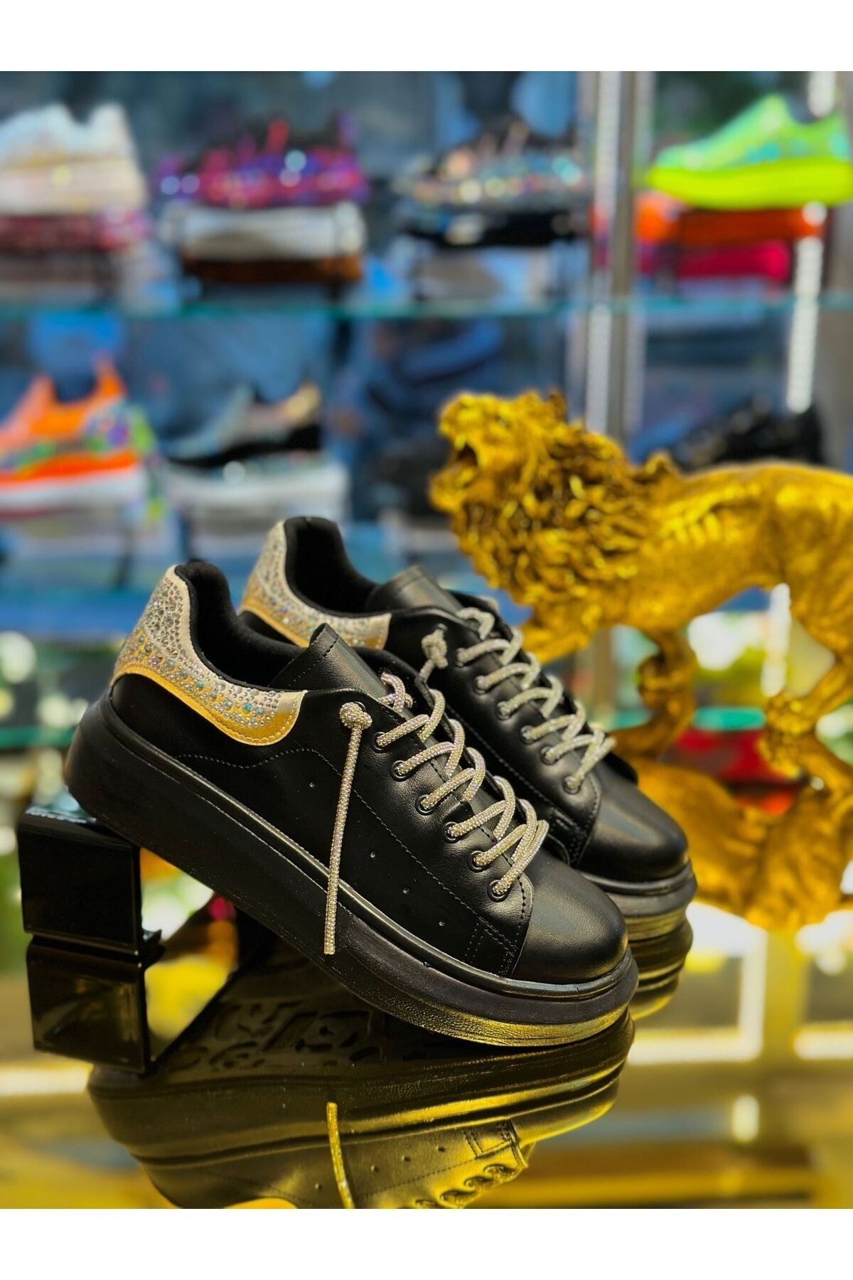 ROSA SHOES siyah spor ayakkabı bağcık taşlı arkası GRİ VE ALTIN TAŞLI ...
