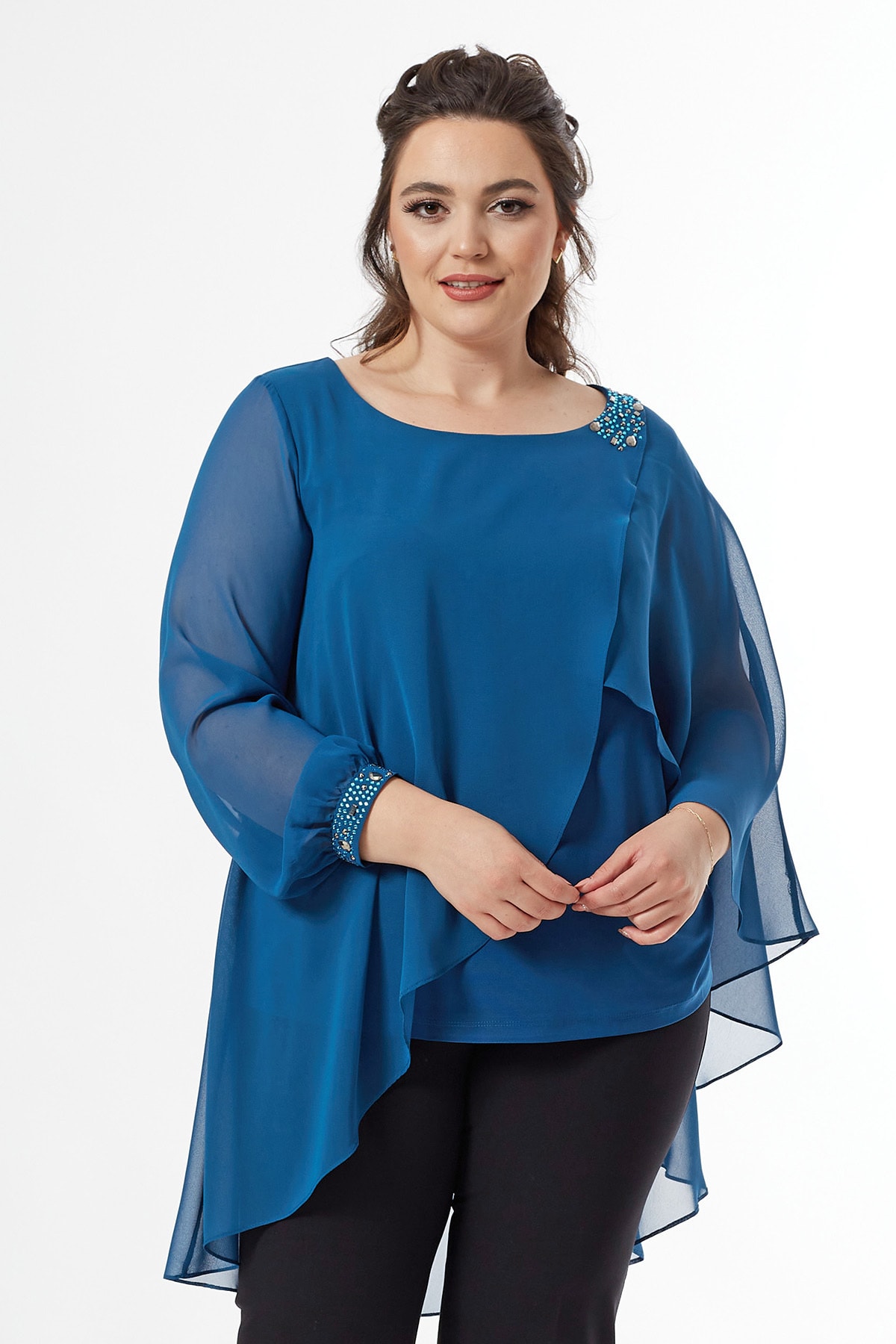 Moda Alba PETROL TAŞLI OMUZ TEK KOL ŞİFON BÜYÜK BEDEN TARZ BLUZ Fiyatı ...