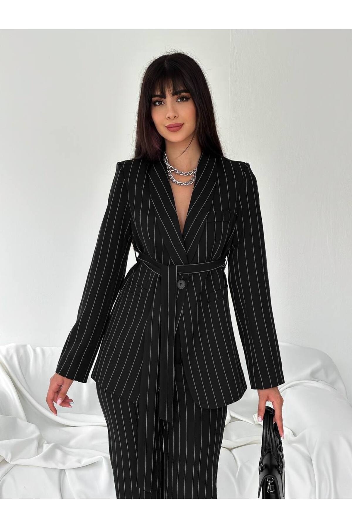 han fashion Bağlamalı Çizgili Sahte Cepli Kemerli Şal Yaka Blazer Ceket ...
