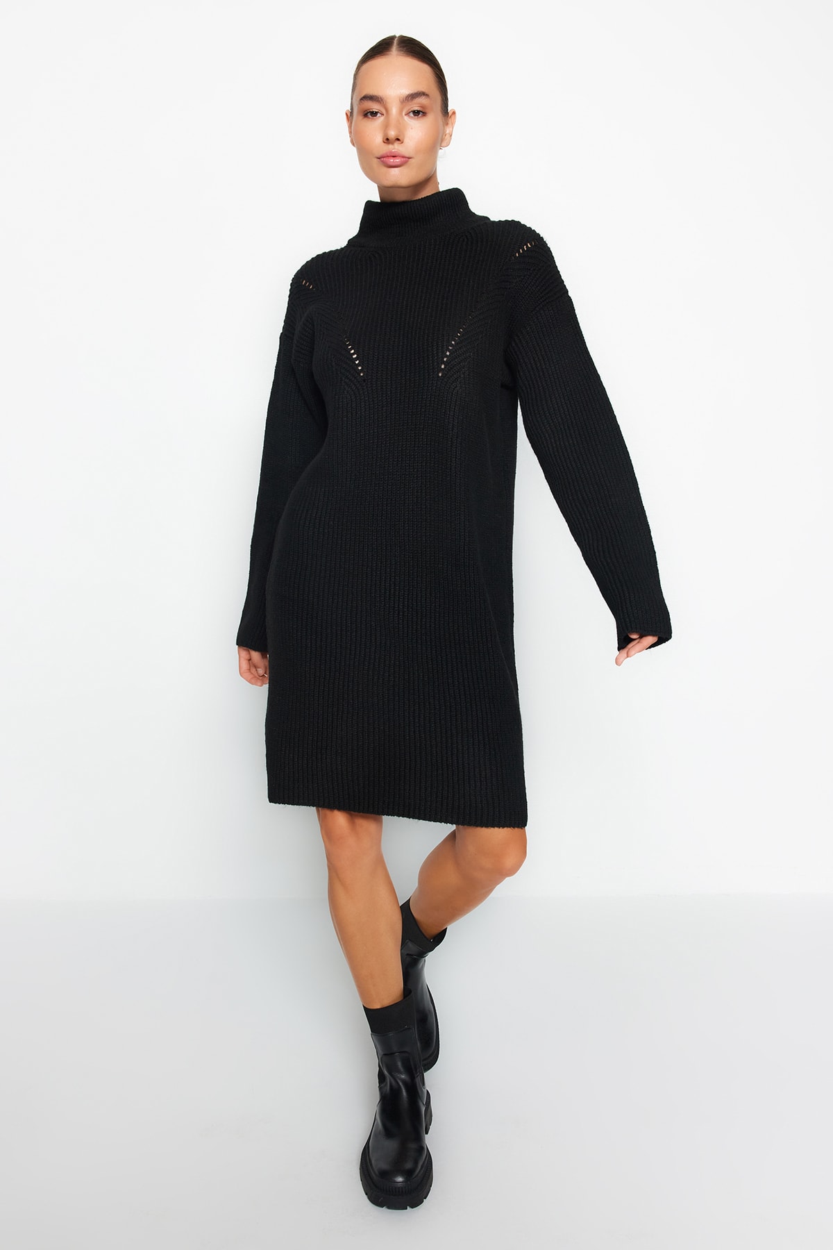 Trendyol Collection Rochie pulover mini tricotaje neagră cu textura ...