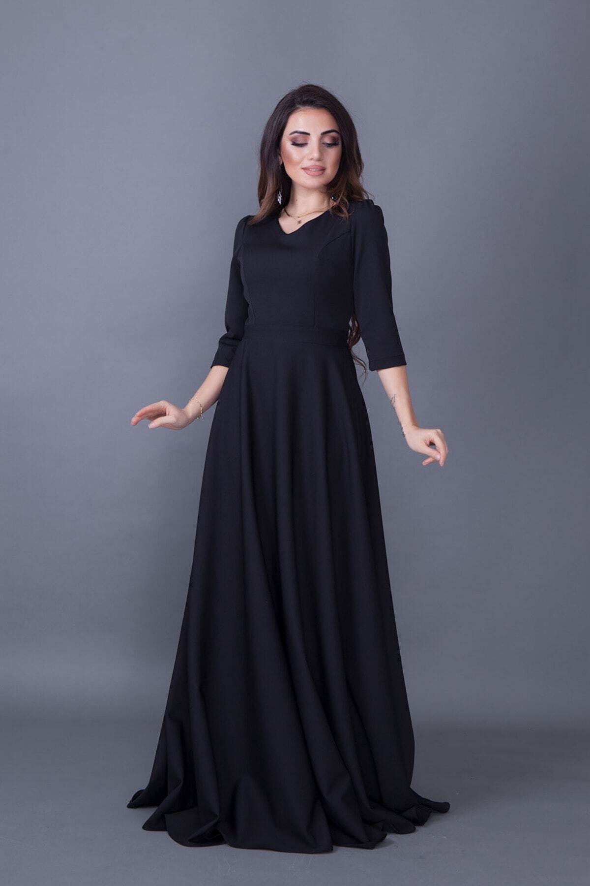 NO48 Siyah V Yaka 3/4 Kol Dokuma Dökümlü Kumaş Maxi Boy Kloş Abiye ...